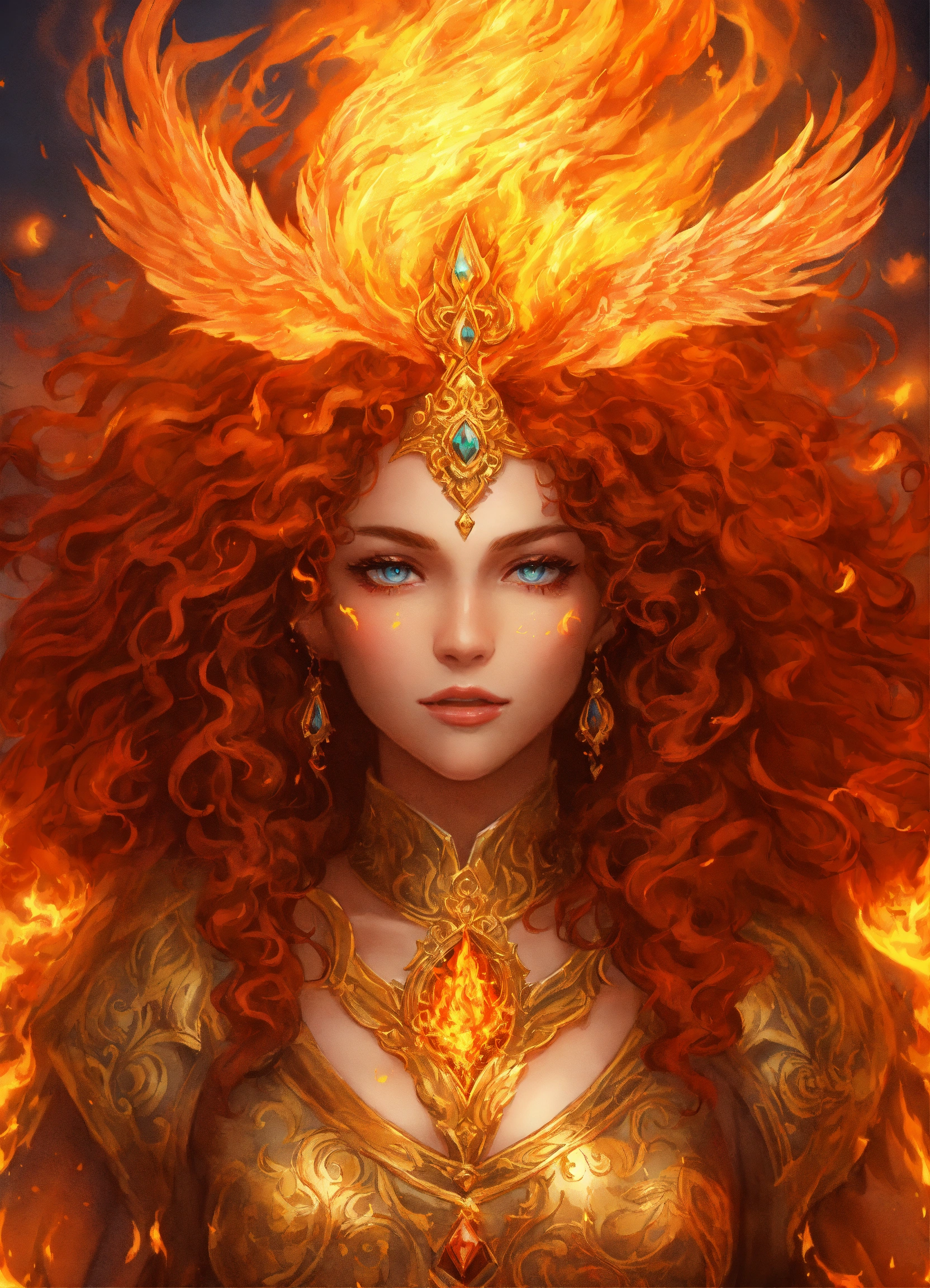 Lexica - "beautiful cleric of the phoenix", massive glowing curly hair ...