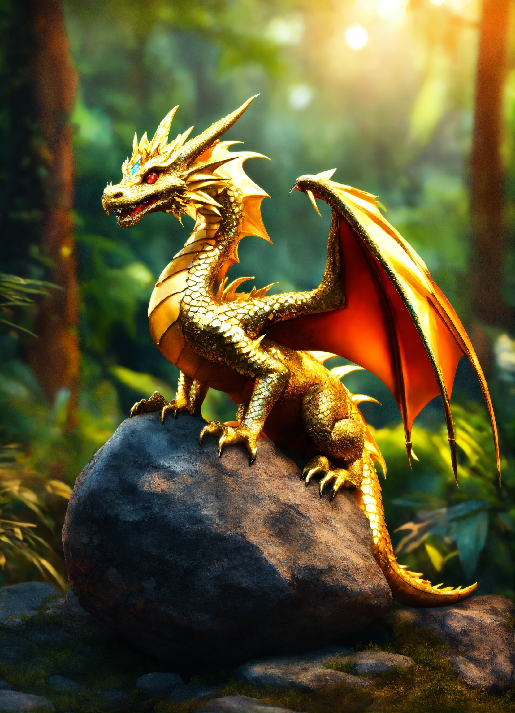 Lexica - Create a cute gold and fire dragon Sitting on a rock in a ...