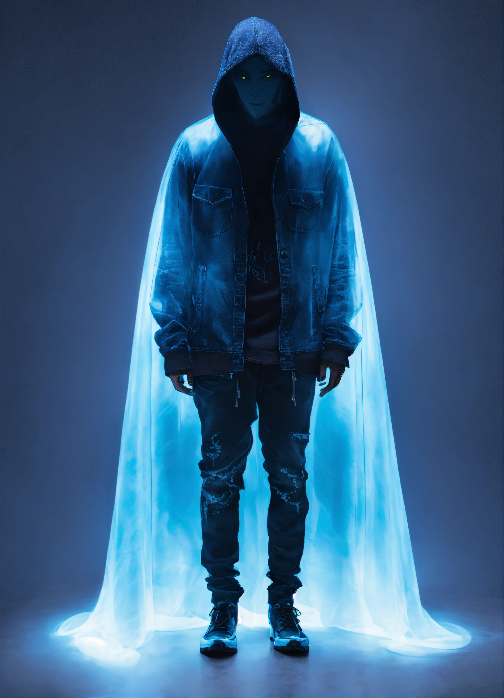 Lexica - A blue translucent male ghost wearing a black hoodie and jeans