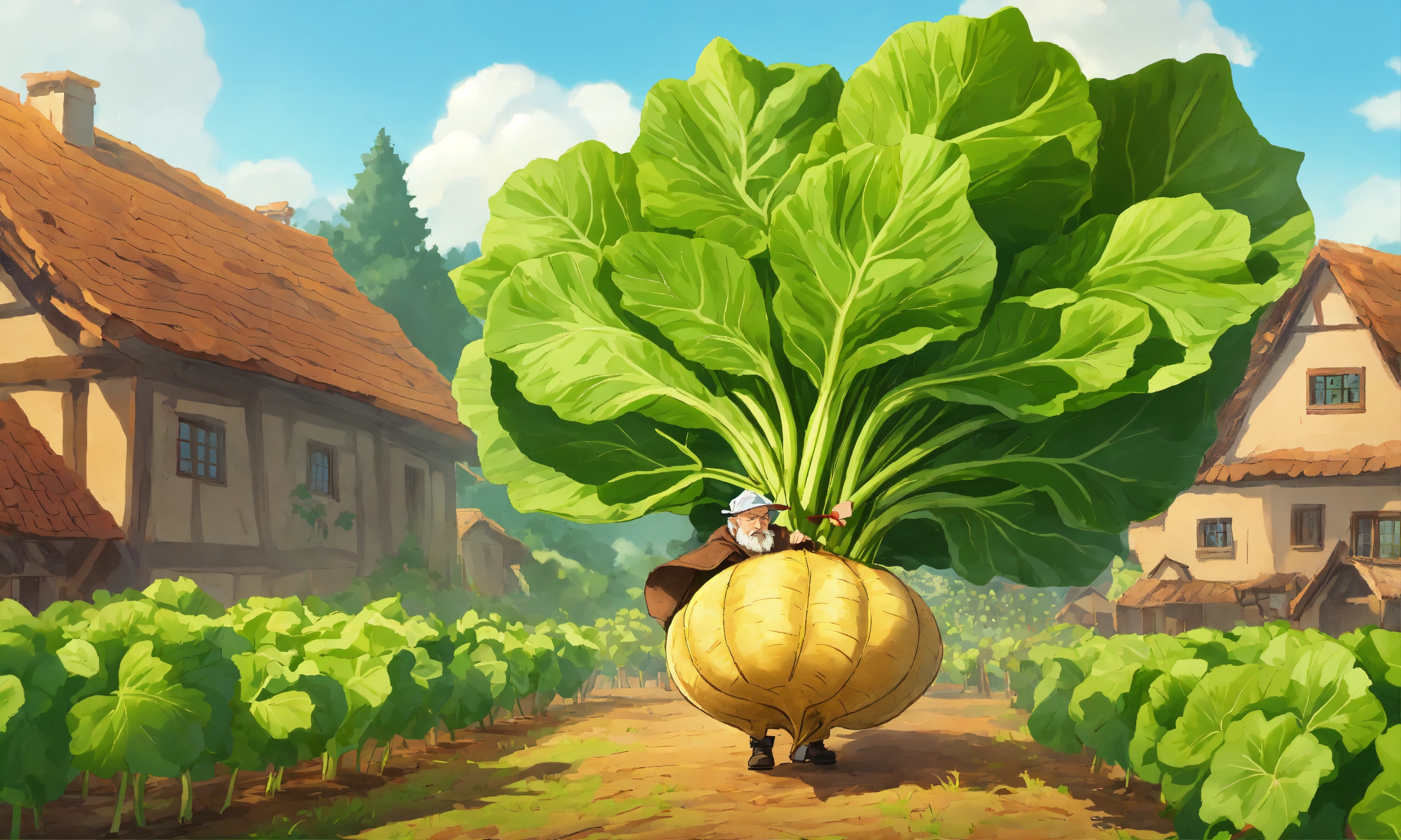 Lexica - Cartoon style giant yellow turnip with huge green leaves is in ...