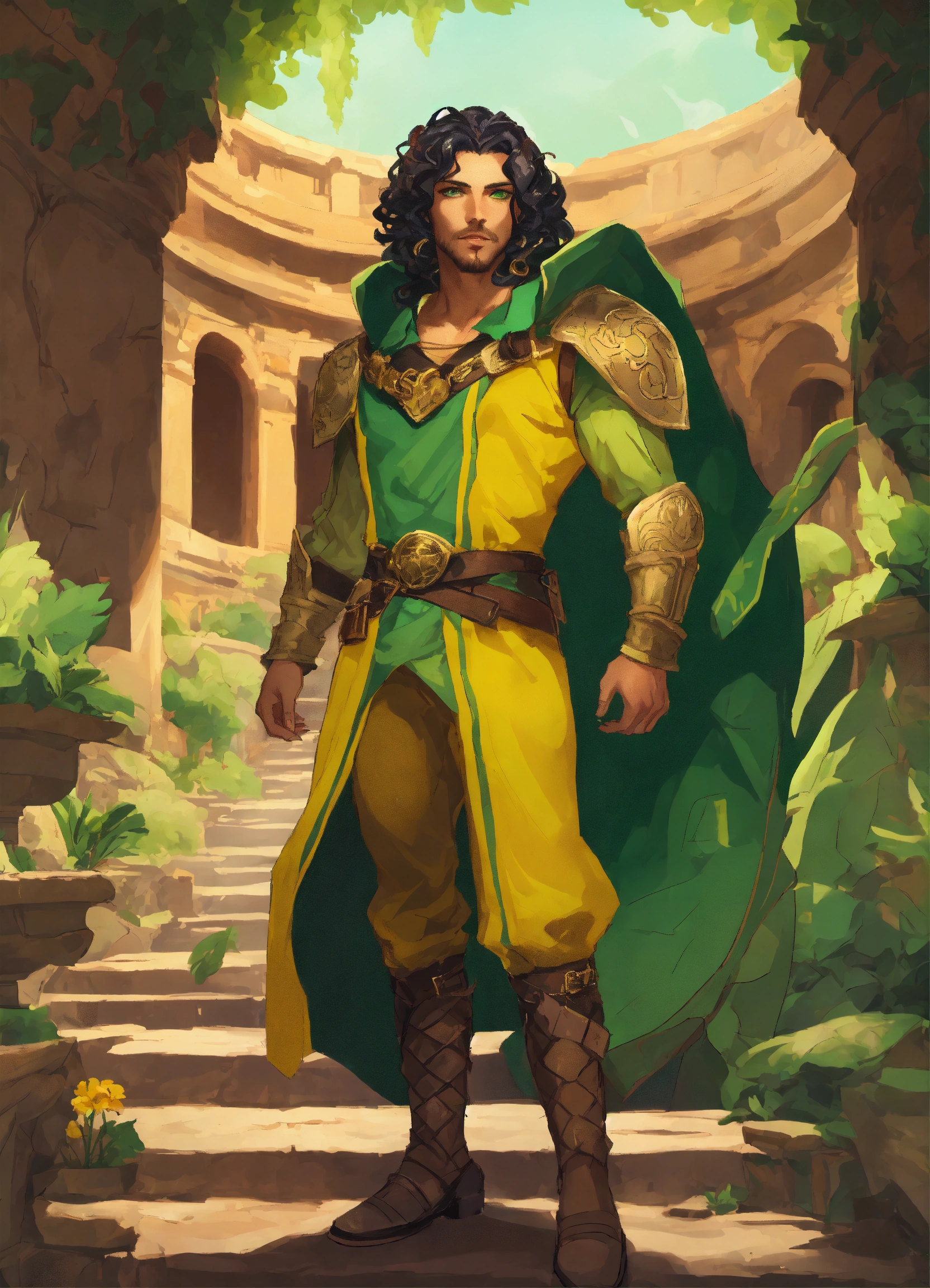 Lexica - A male gorgon, metis skin, green eyes, yellow antic outfit ...