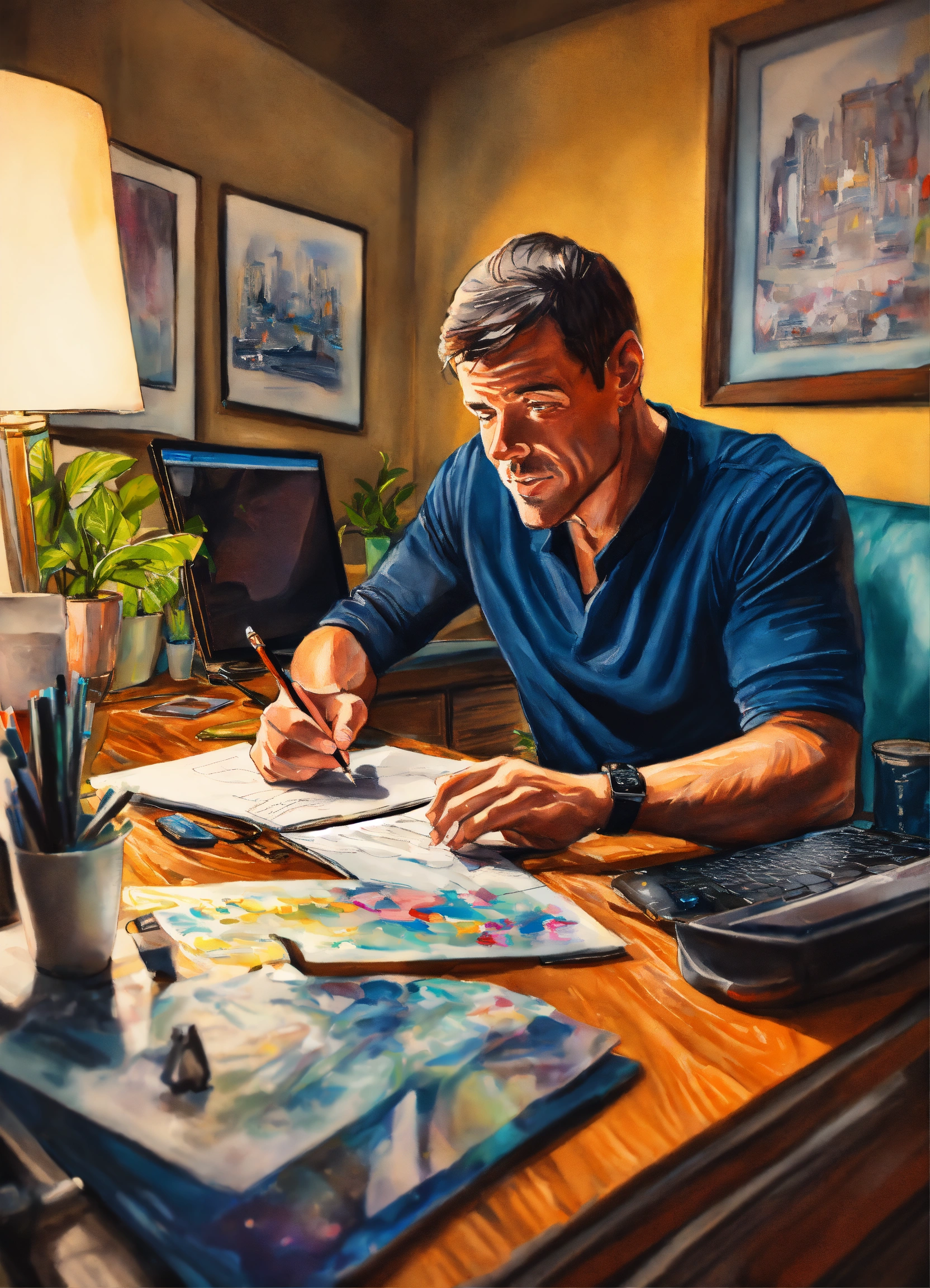 Lexica - A hand drawn painting of a Tony Robbins writing his blog post ...
