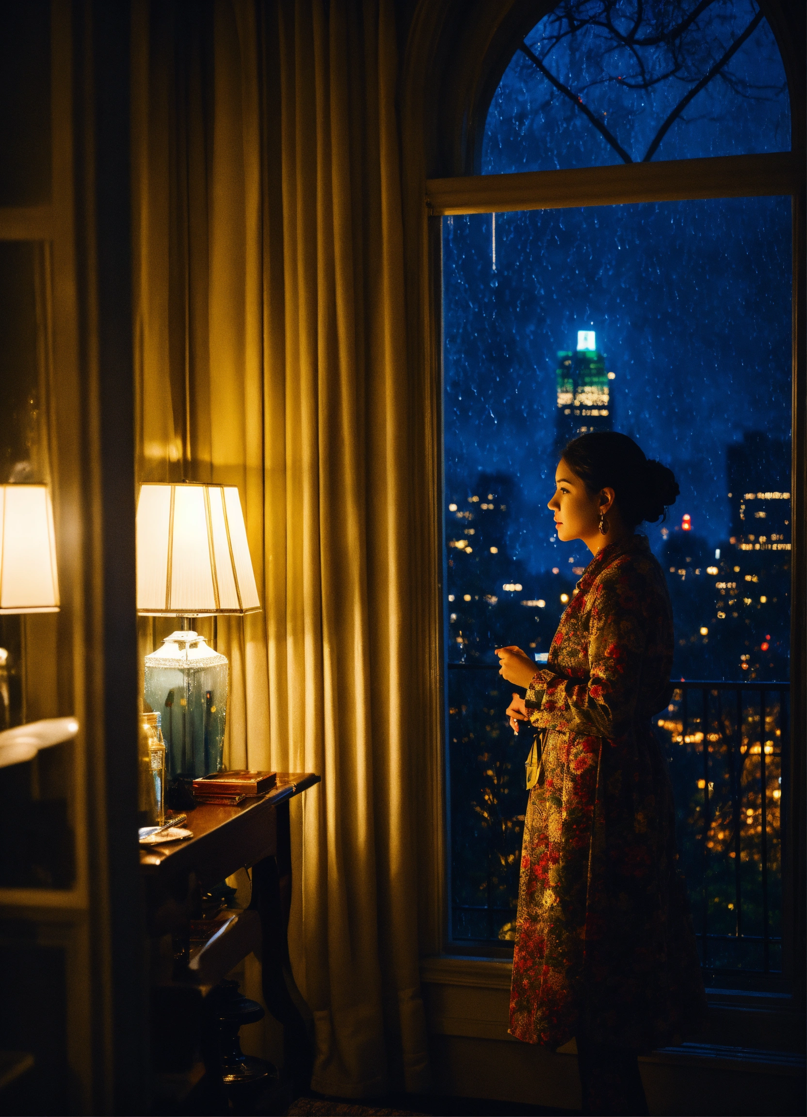 Lexica - A lady looking through her window in her apartment in central ...