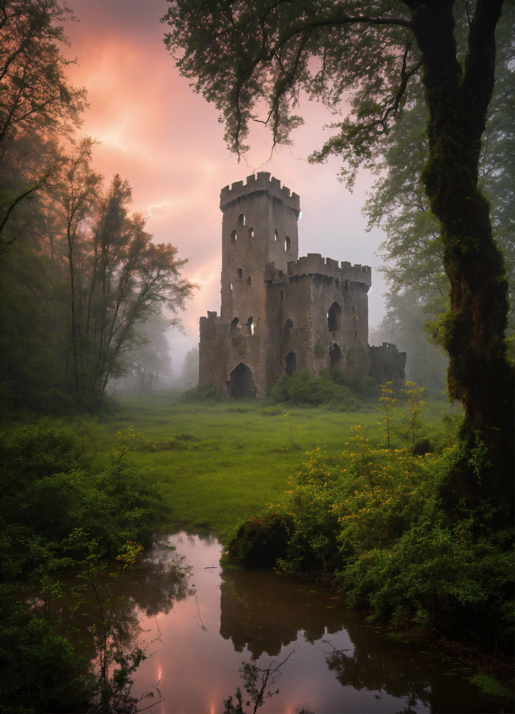 Lexica - Ruin of a stone castle in the middle of a foggy swamp ...