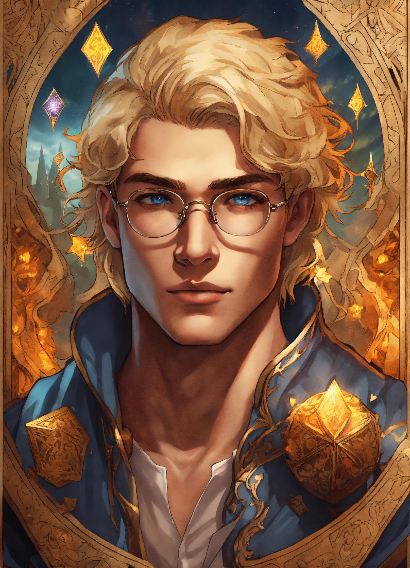 Lexica - Heroic blonde male mage, glasses, magical cards, fantasy art ...