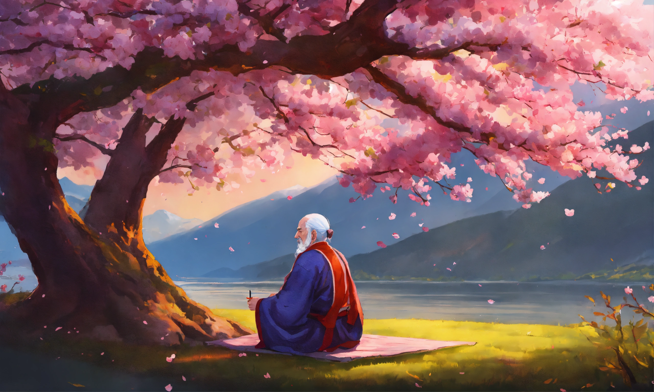 Lexica - A hand drawn painting of a an old zen master sitting under a ...