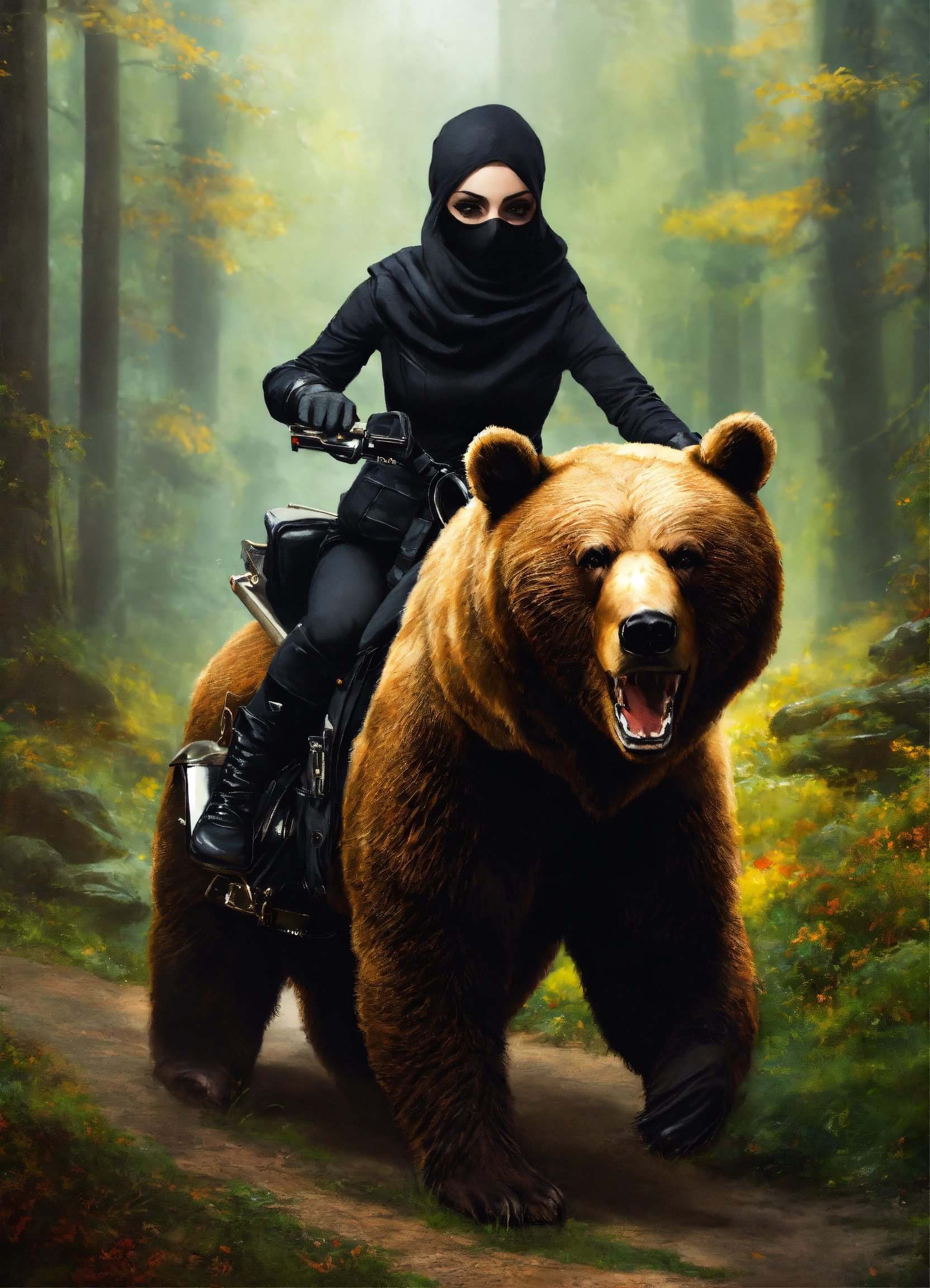 Lexica - Masked thief woman dressed in black riding a bear