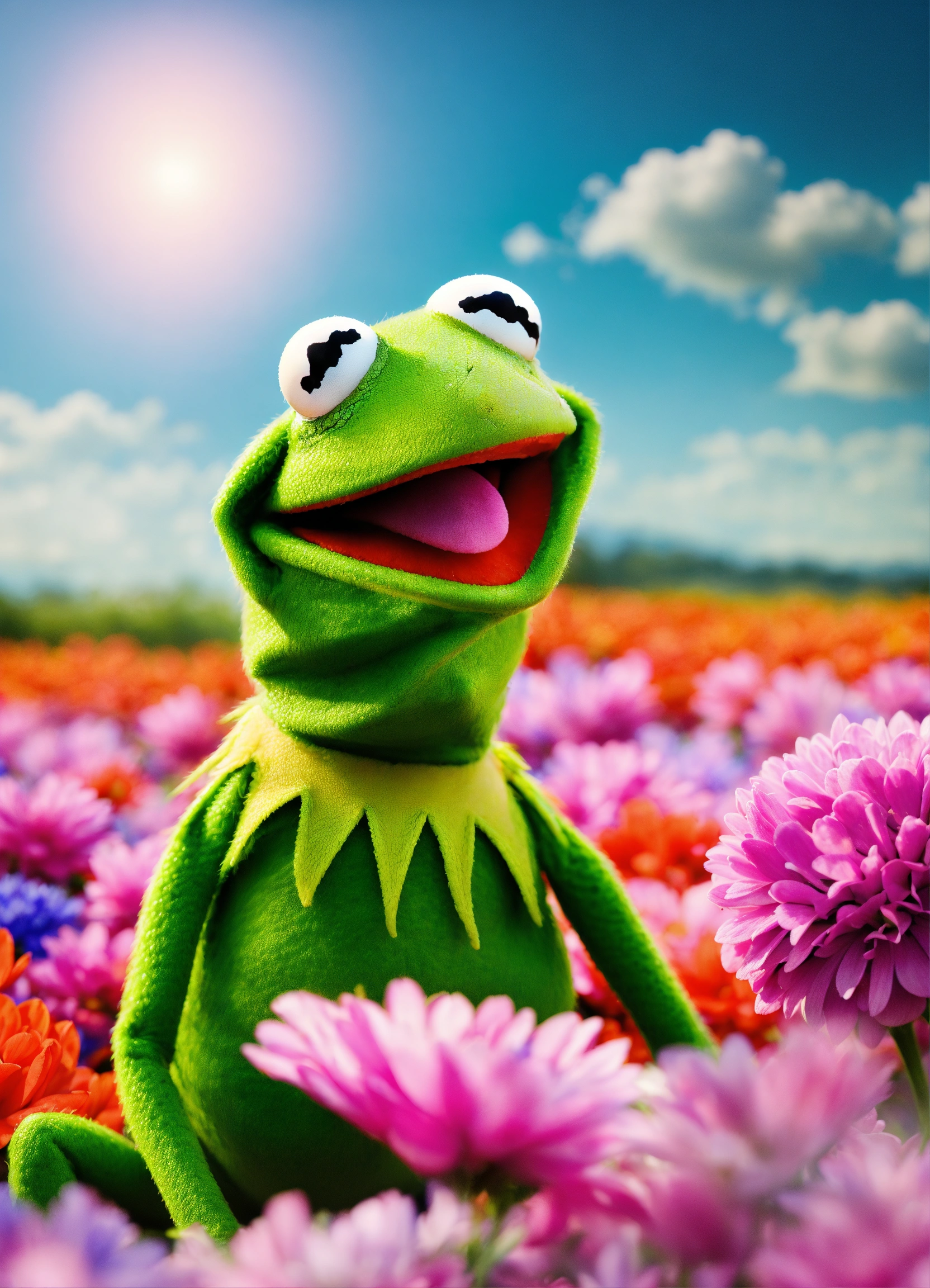 Lexica - Happy Kermit the frog, happy, surrounded by a colorful flowers ...