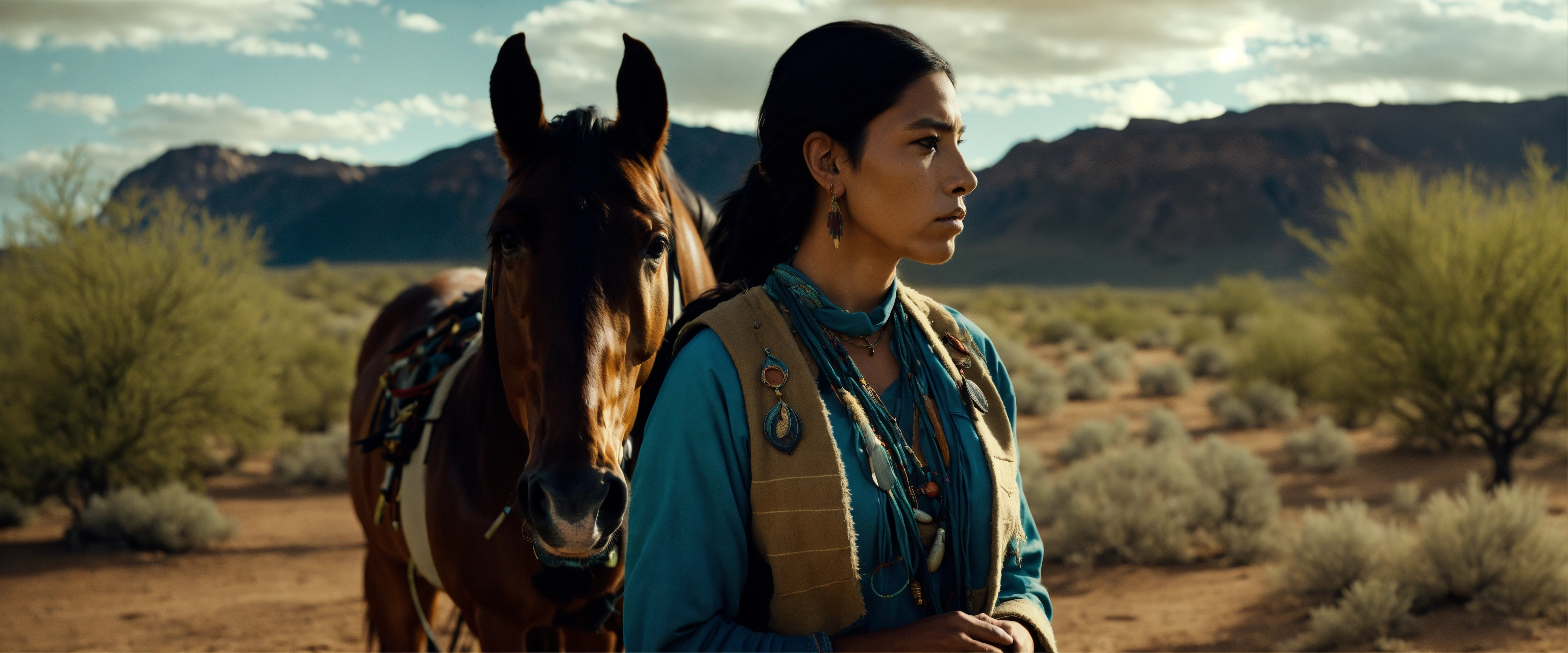 Lexica - Portrait of young Native American woman besides her horse in a ...
