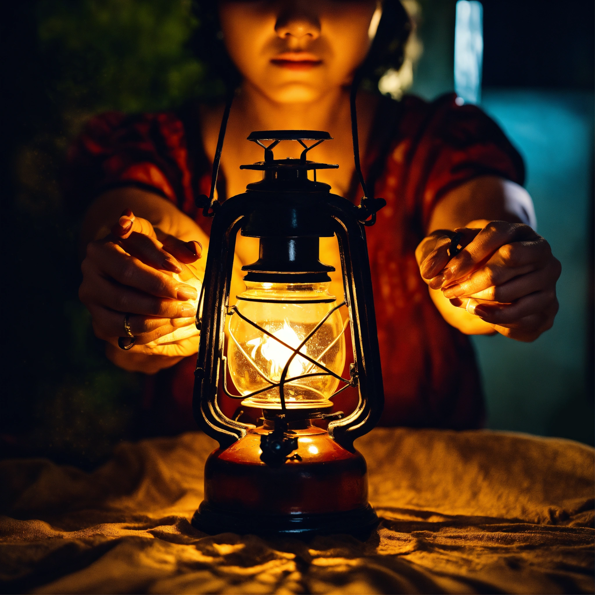 Lexica - Person holding kerosene lamp in her hands, woman, back view ...