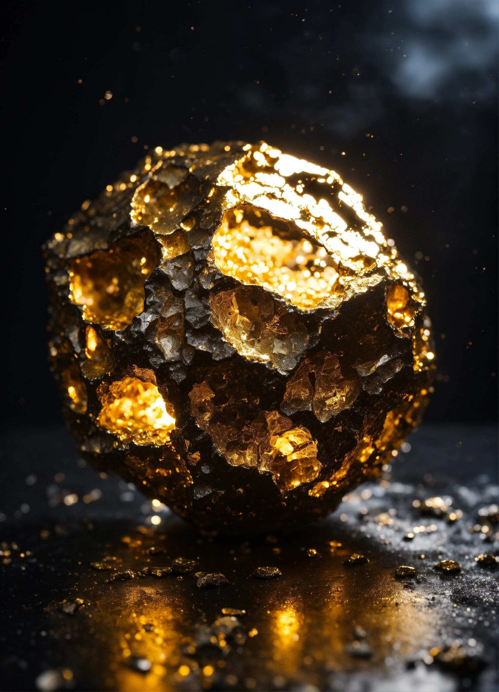 Lexica - A golden meteorite covered in silver liquid, 4k, dark background