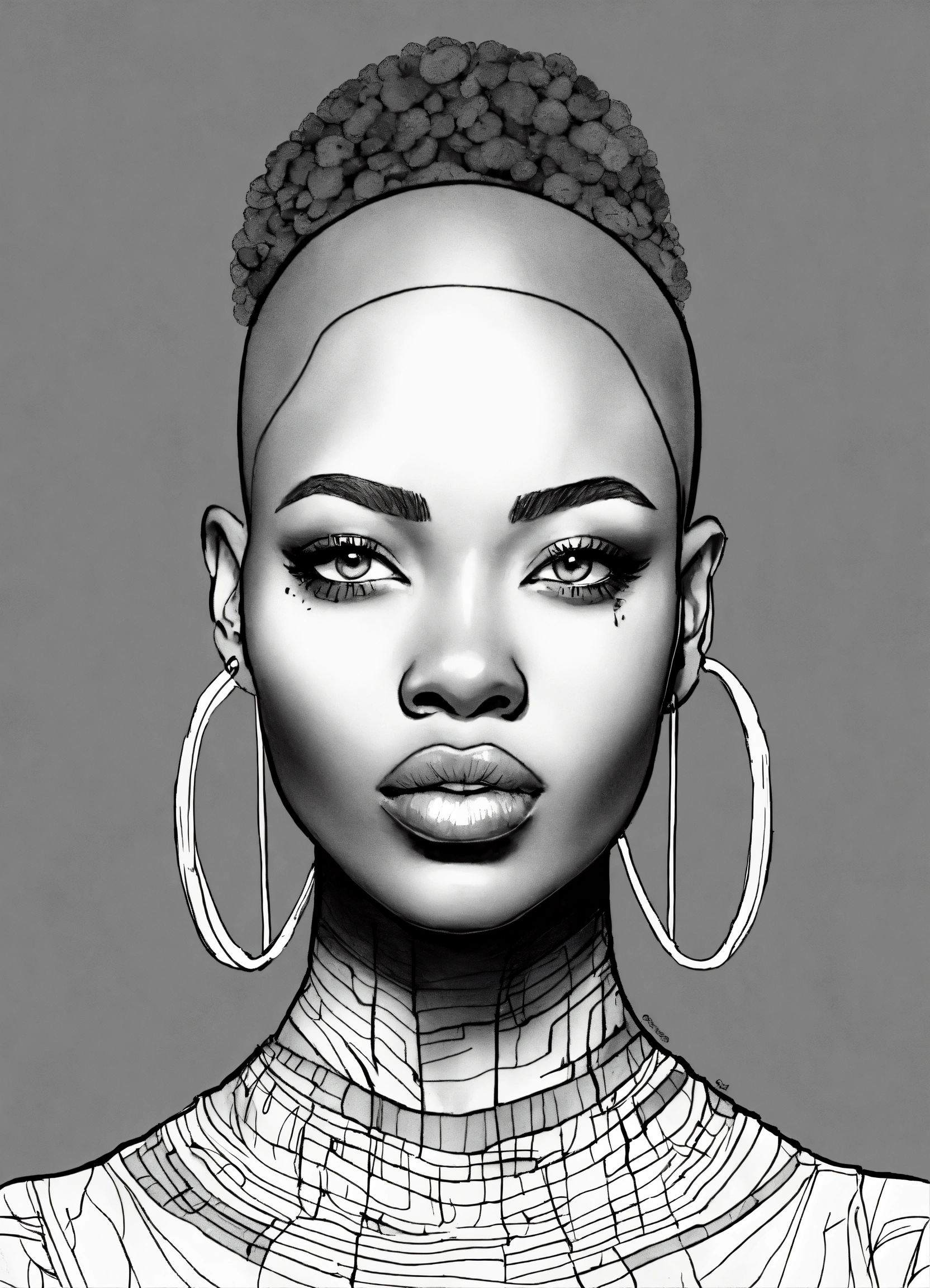 Lexica - Black and white line drawing, white background, upper body ...