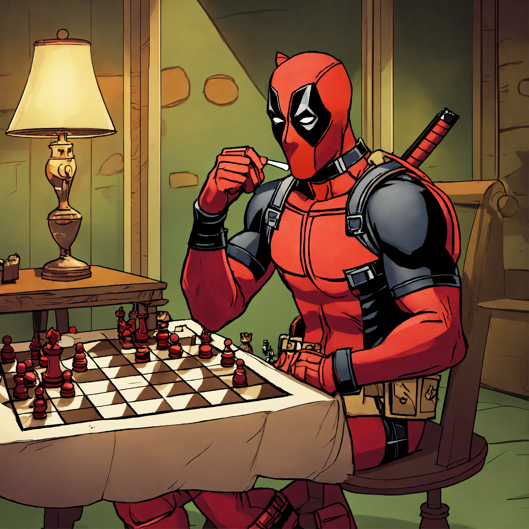 Lexica - Deadpool playing chess, cartoon style.