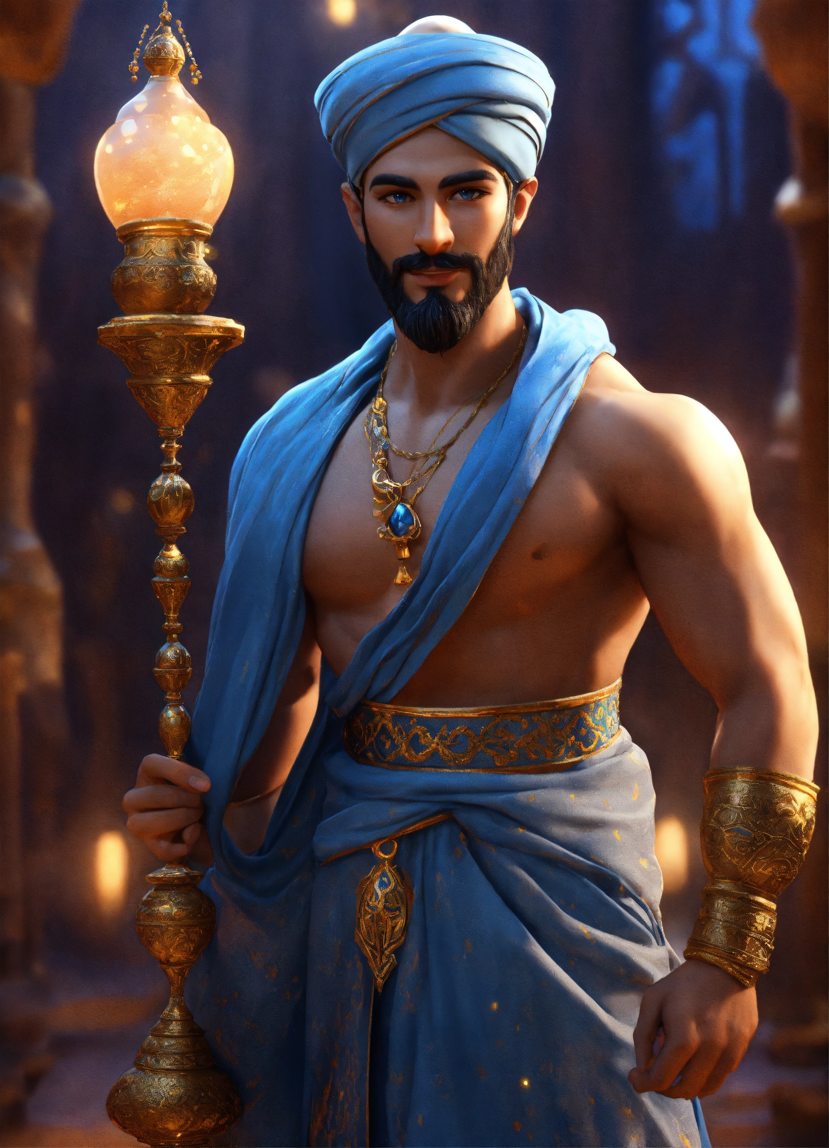 Lexica - Create a 3D rendering of a magical Arabian male genie with ...