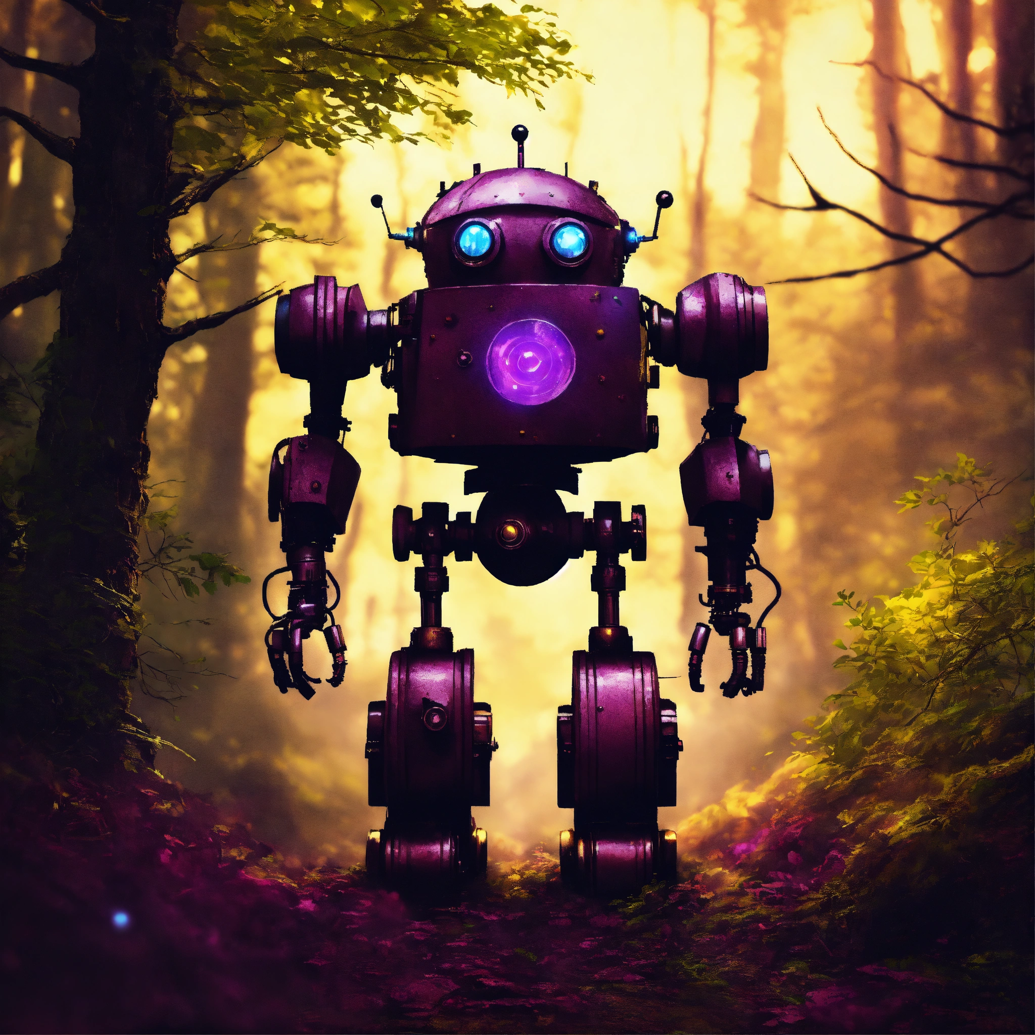 Lexica - Steampunk robot with purple mustache, full body shot, forest ...