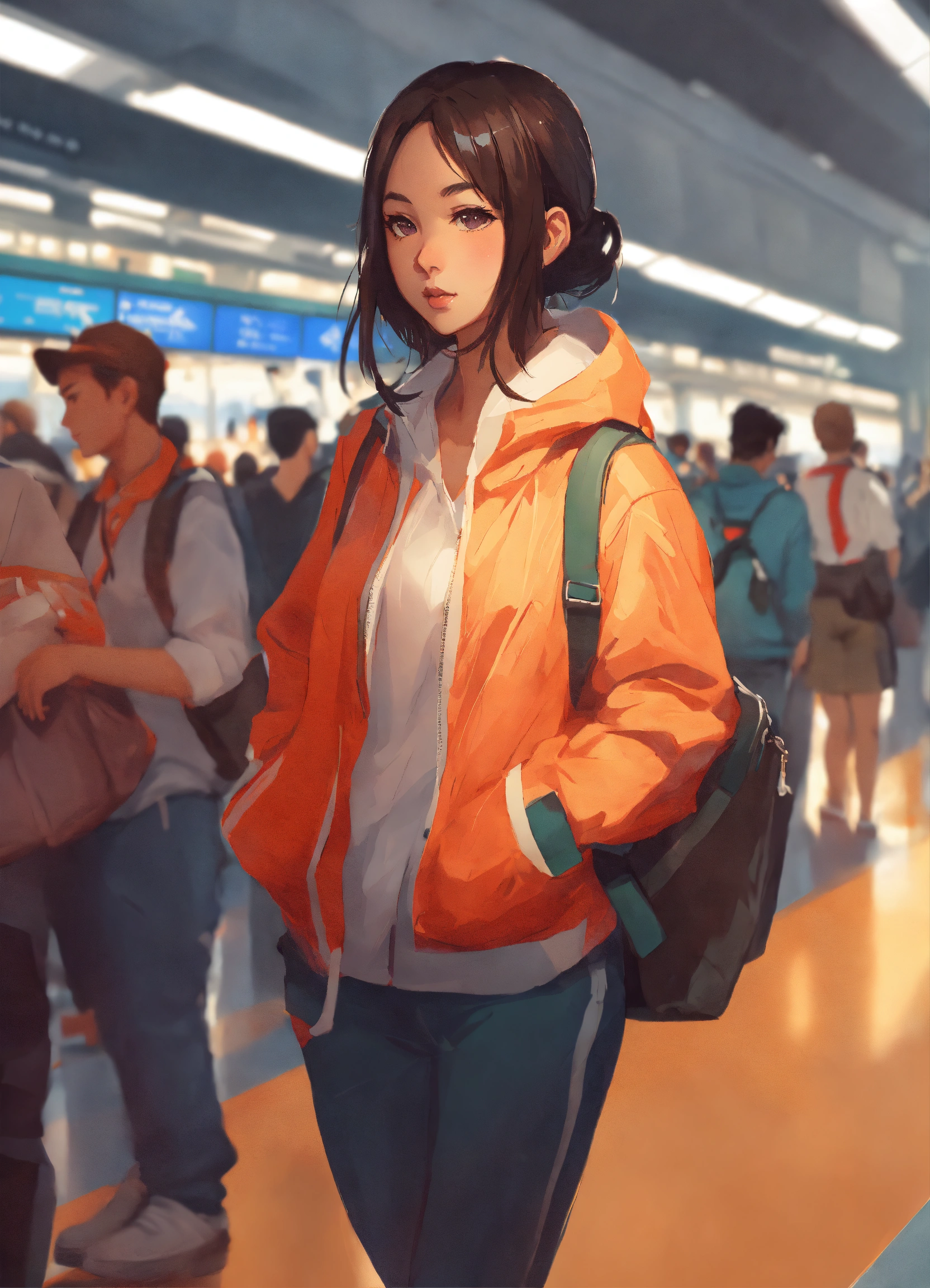 Lexica - Cute anime woman waiting in line at an airport, comfy clothing ...