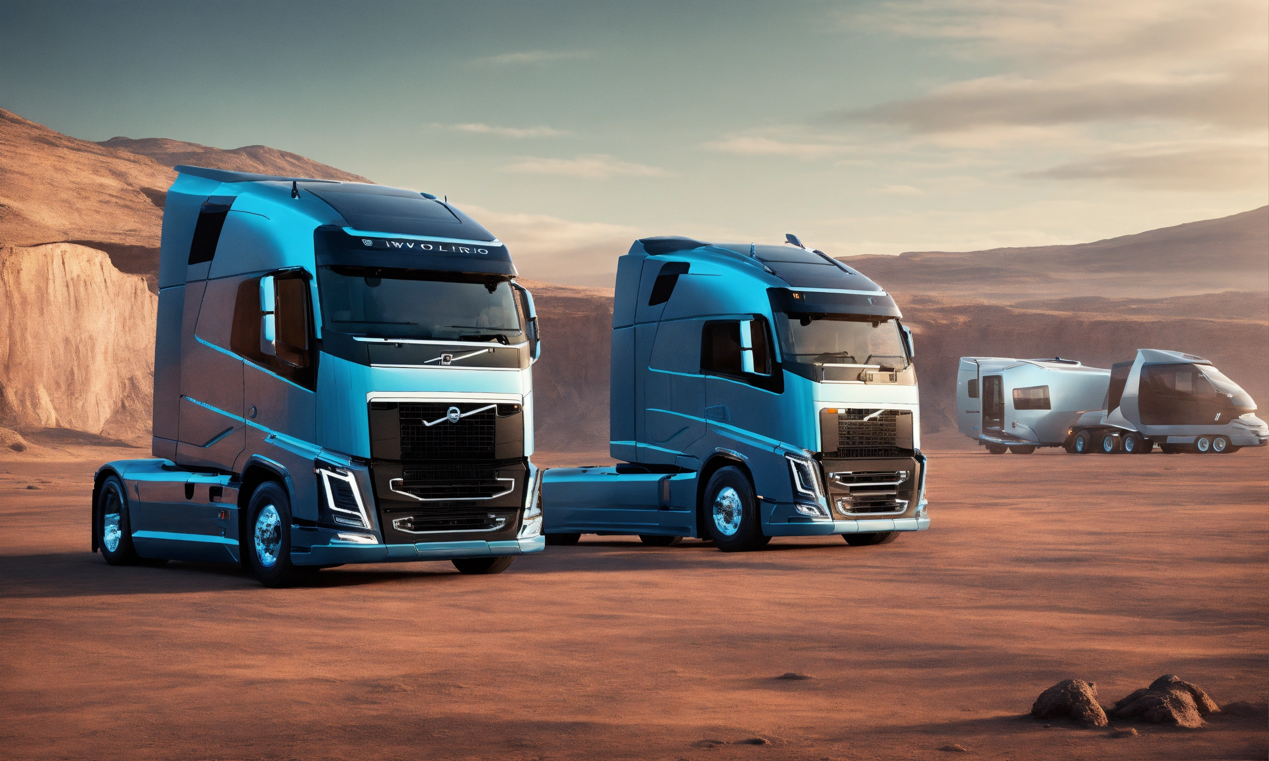Lexica - Two volvo truck spaceships floating side by side. frontal view ...