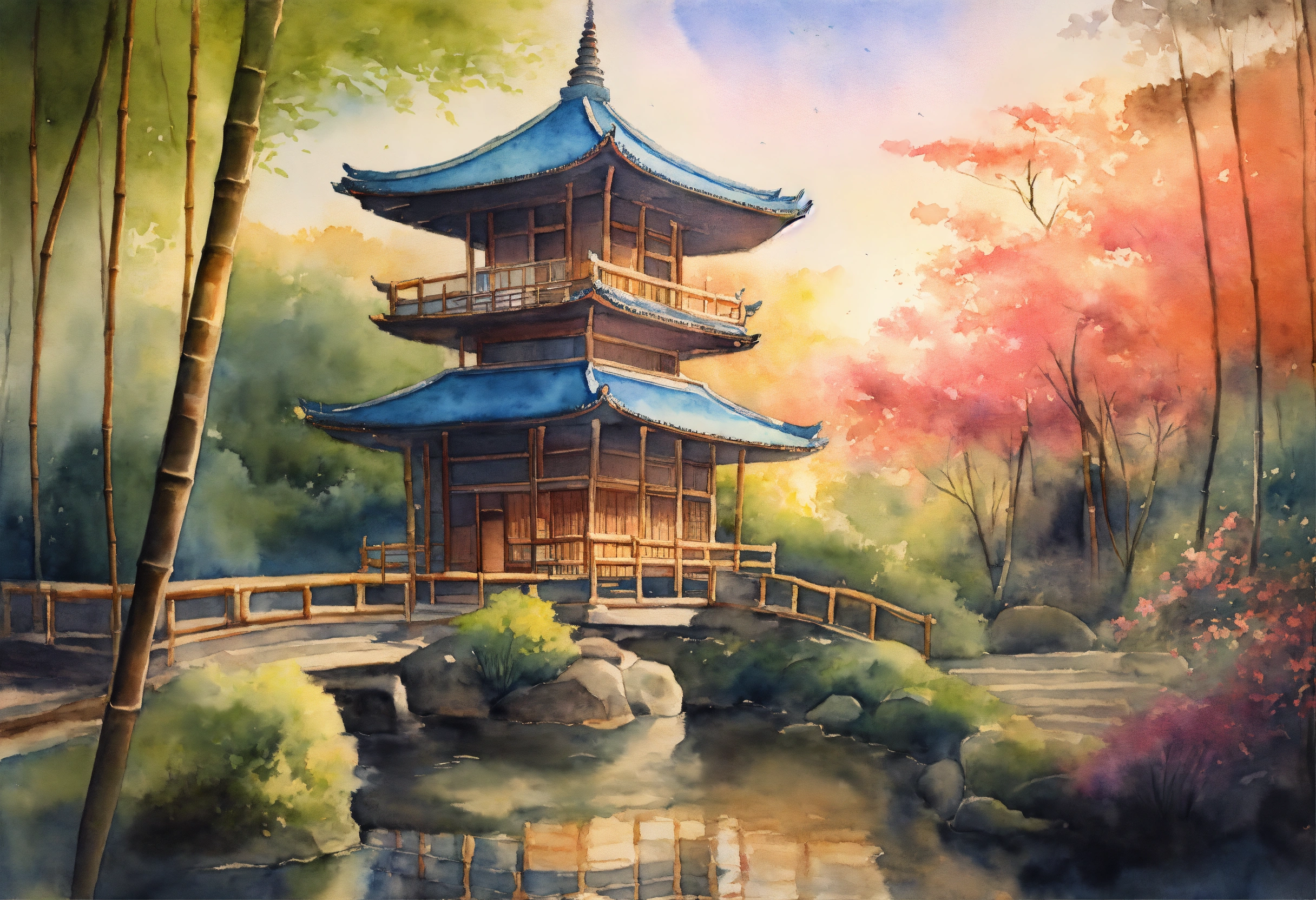 Lexica - Watercolour painting, pagoda, pastel colours, warm light ...