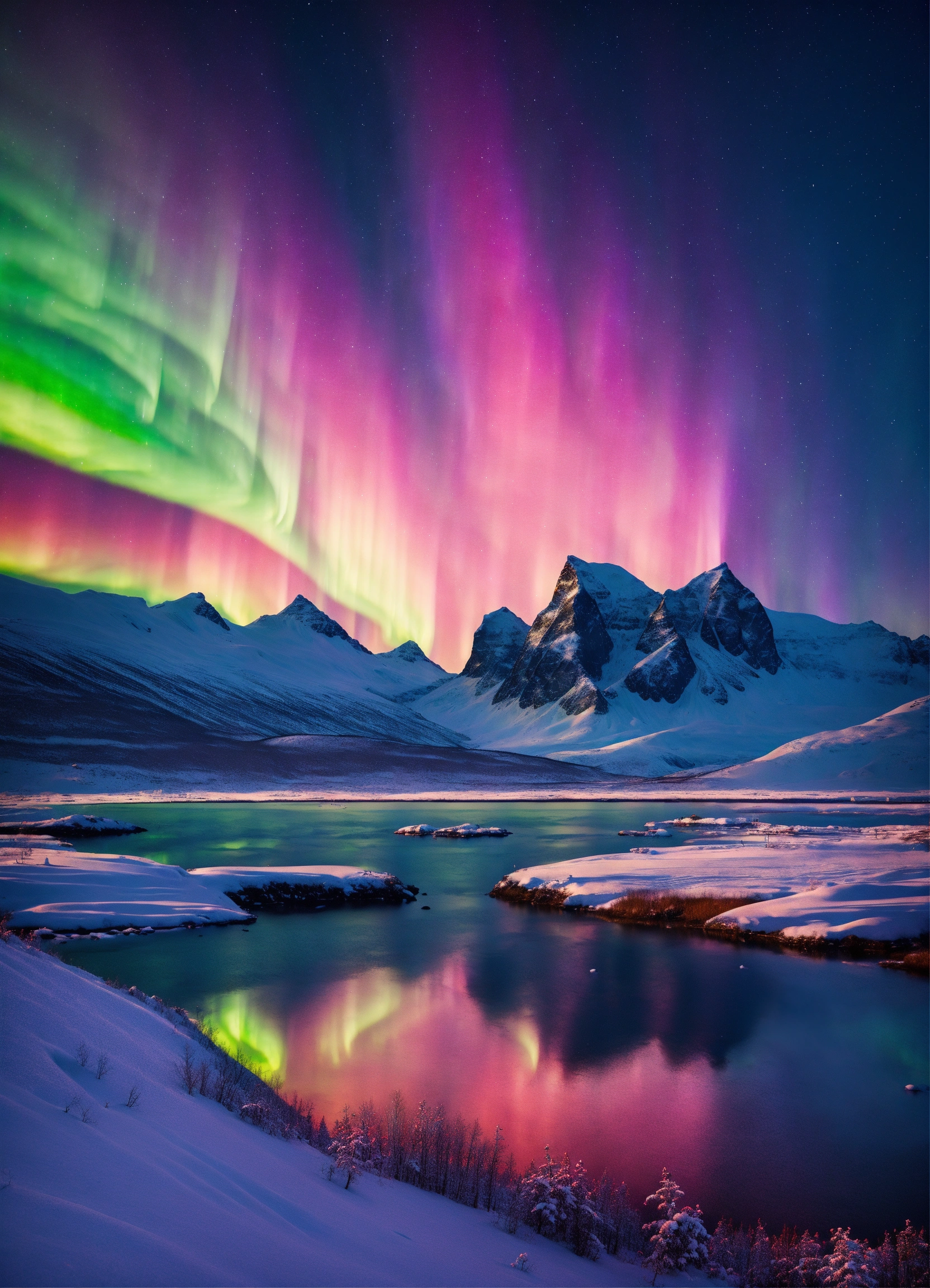 Lexica - Winter landscape with extremely colorful aurora borealis ...