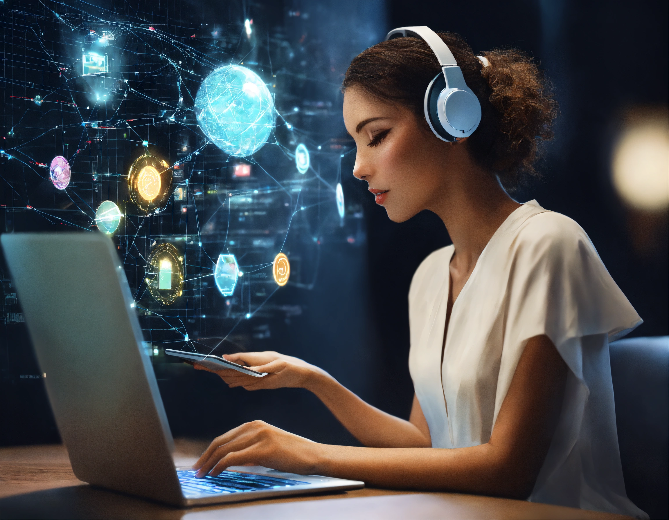 Lexica - Create an image of a woman connecting to a virtual digital world.