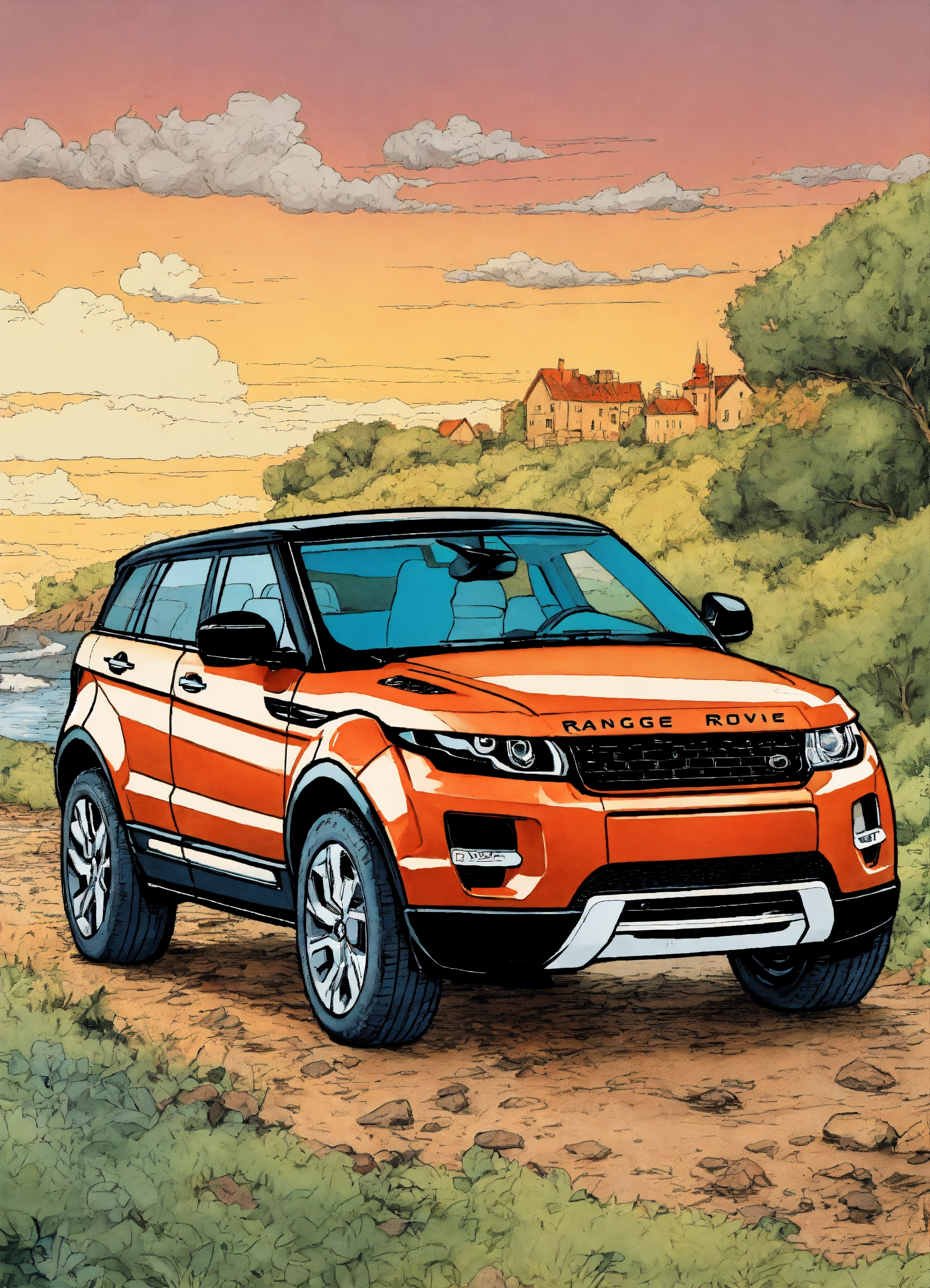 Lexica - Detailed pen and ink illustration of a Range Rover Evoque, by ...