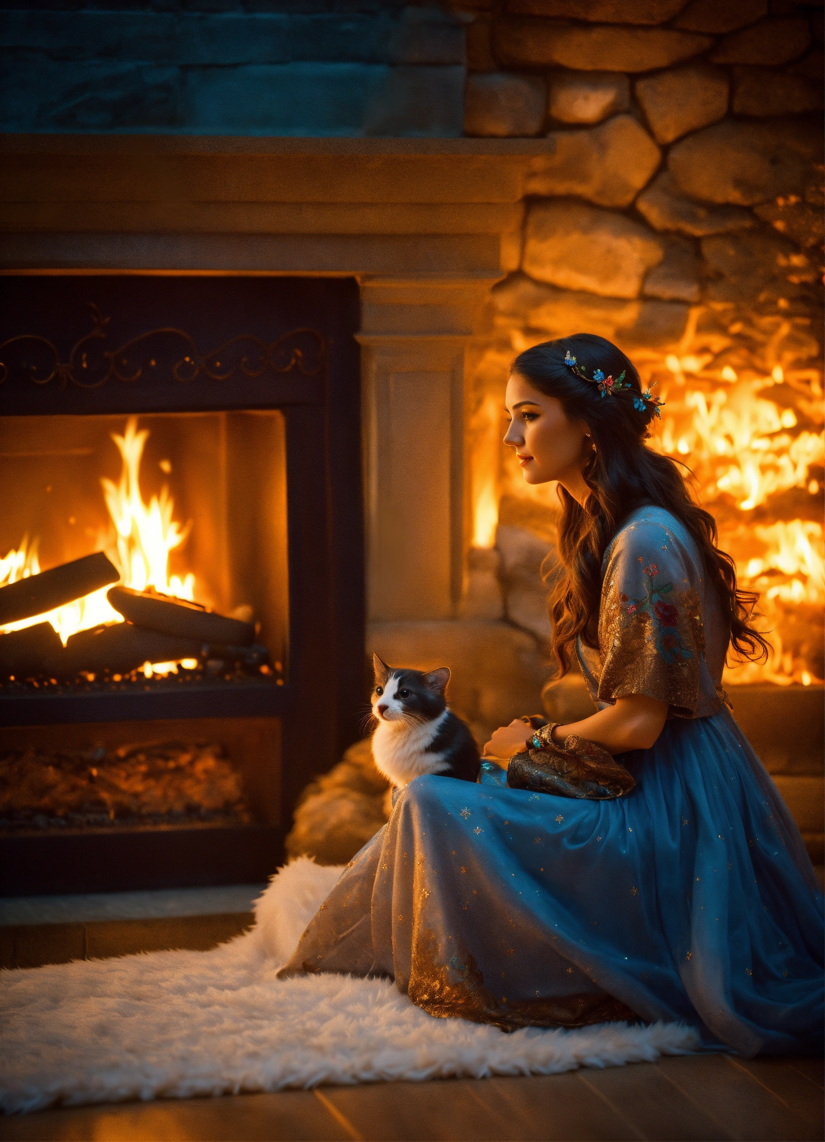 Lexica - A beautiful mystic lady sitting in front of fireplace teaching ...