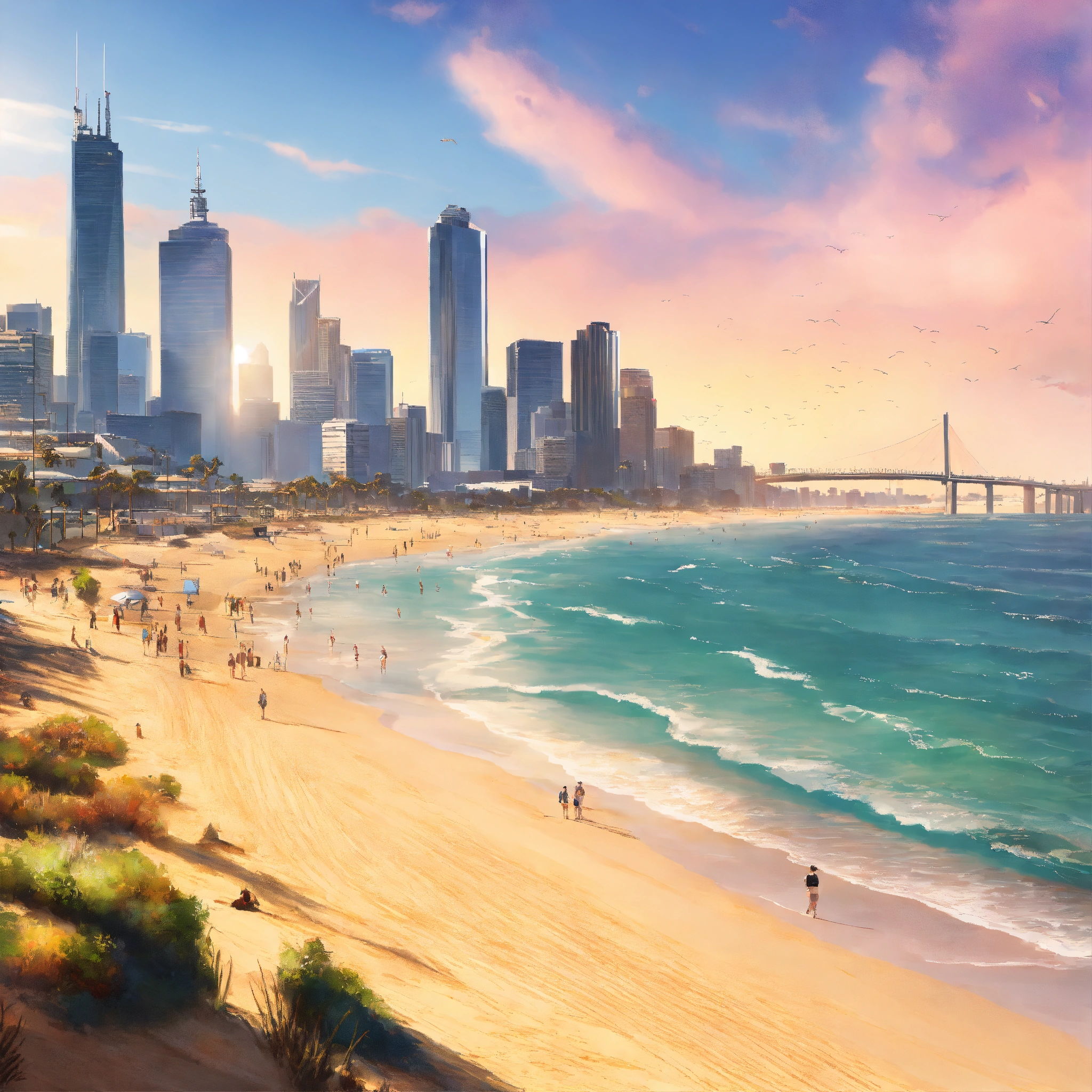 Lexica - Front on view of sunny Australian beach with Perth City in the ...