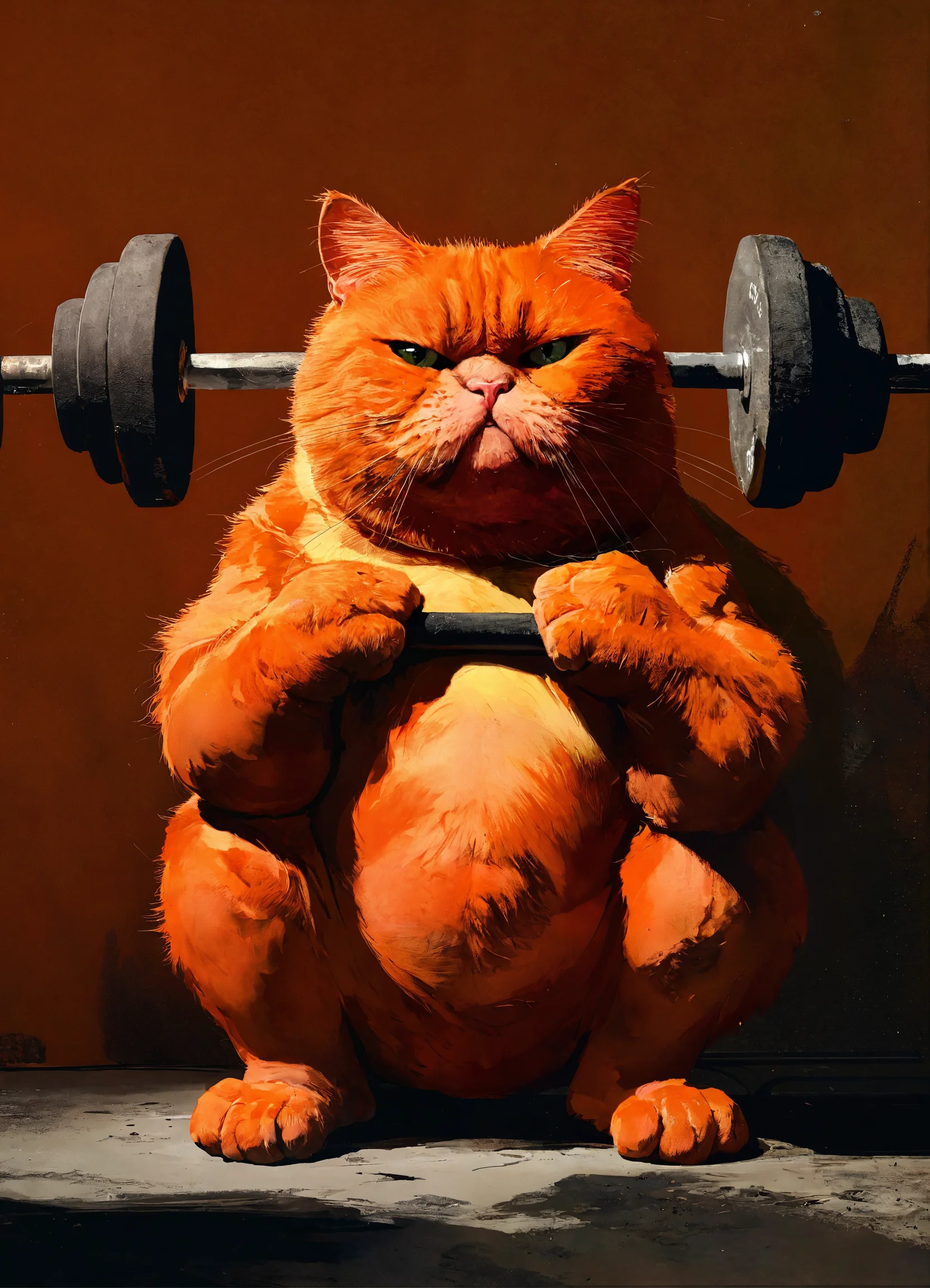 Lexica - Sad fat red cat Raises a barbell