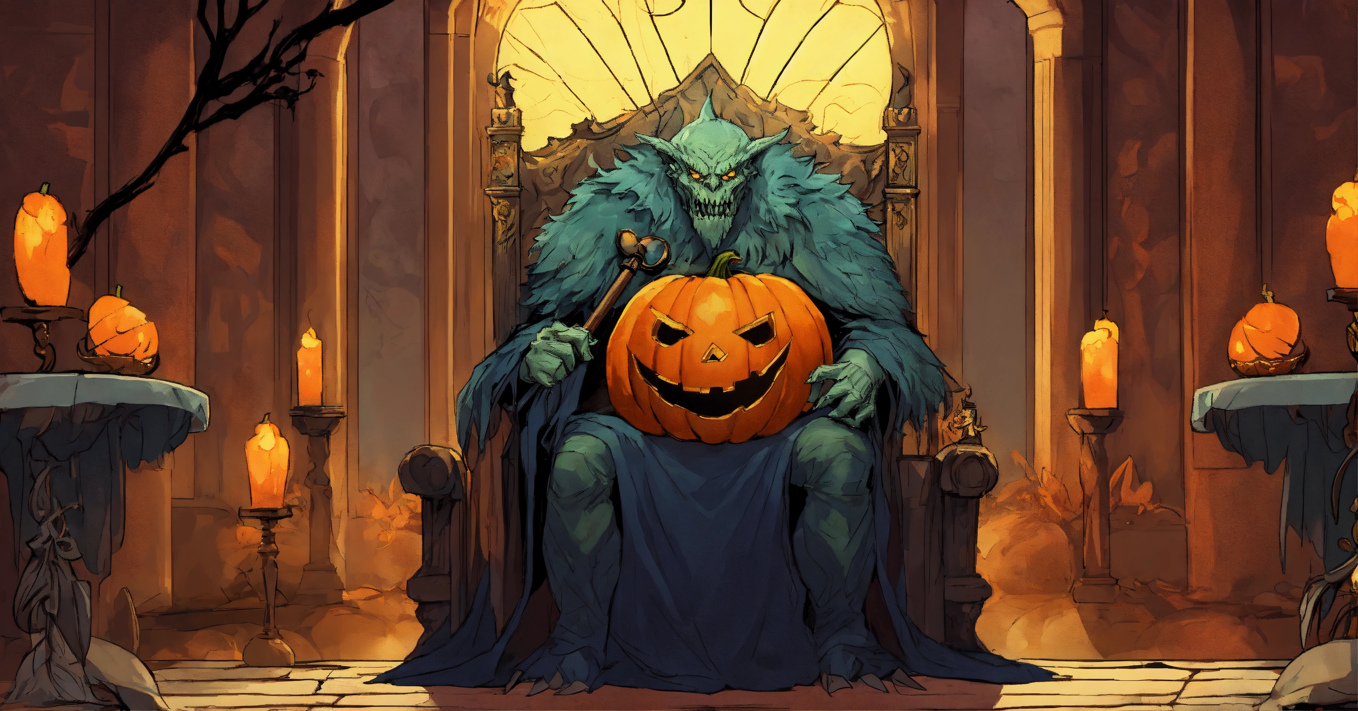 Lexica - Fantasy setting, monster with a head of a pumpkin, sitting on ...