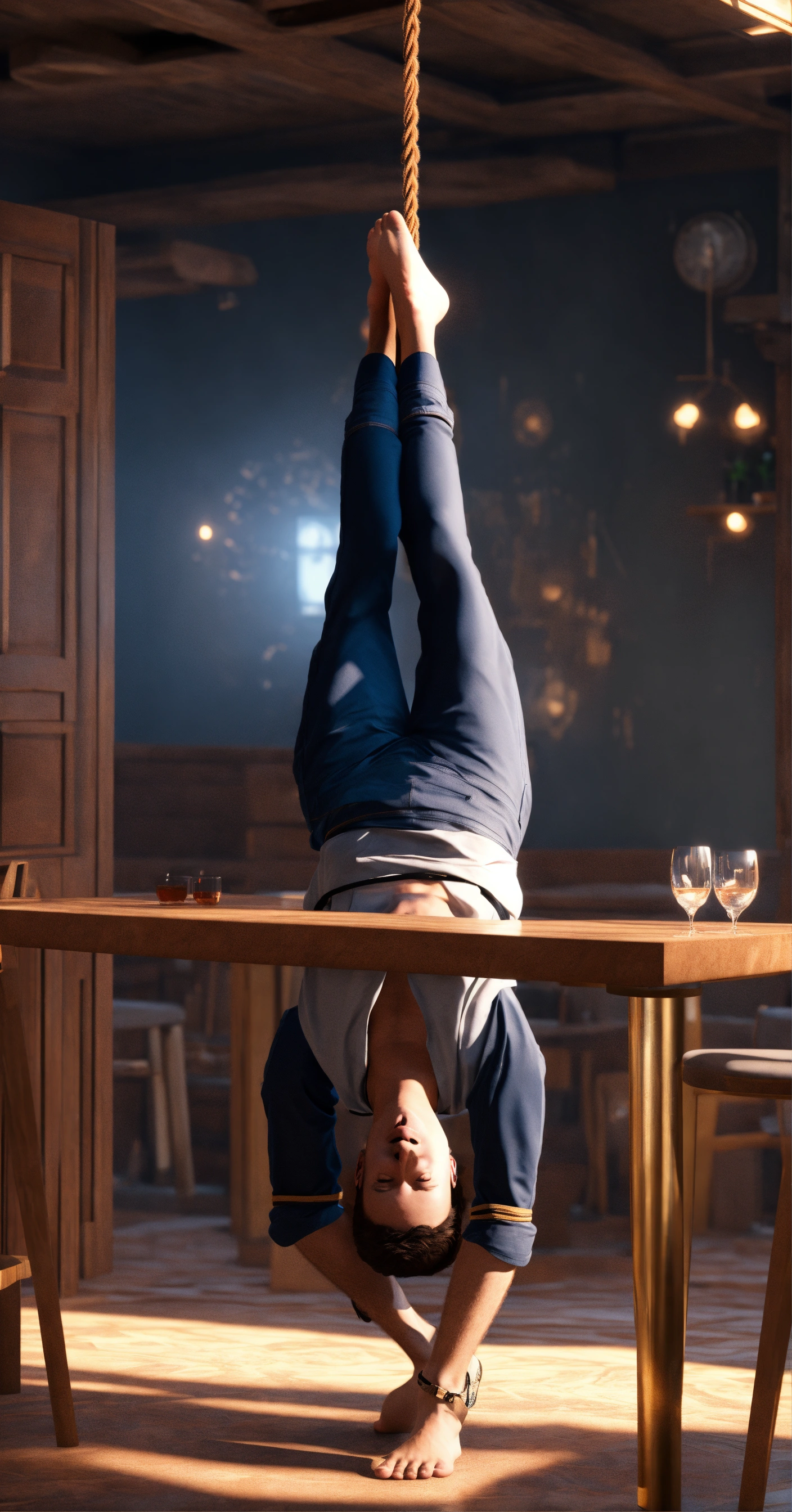 Lexica - A man hanging upside down by his leg while his other leg is crossed at the knee ...