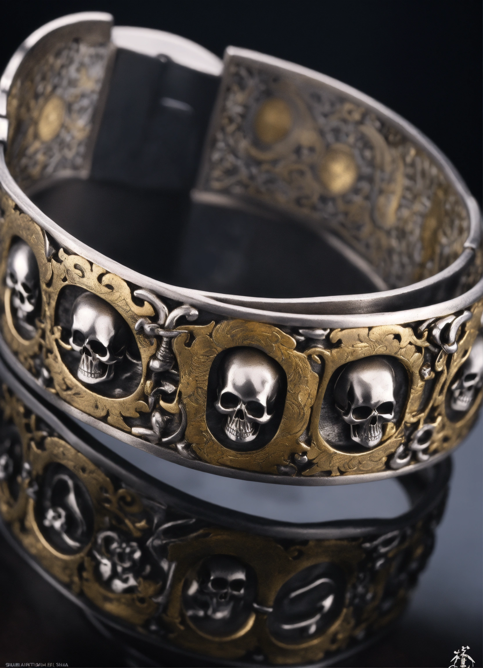 Lexica - Edo period bracelet, Ford Hallam Style, skull, Guilloché, Shibuichi, tsuba, iron ...