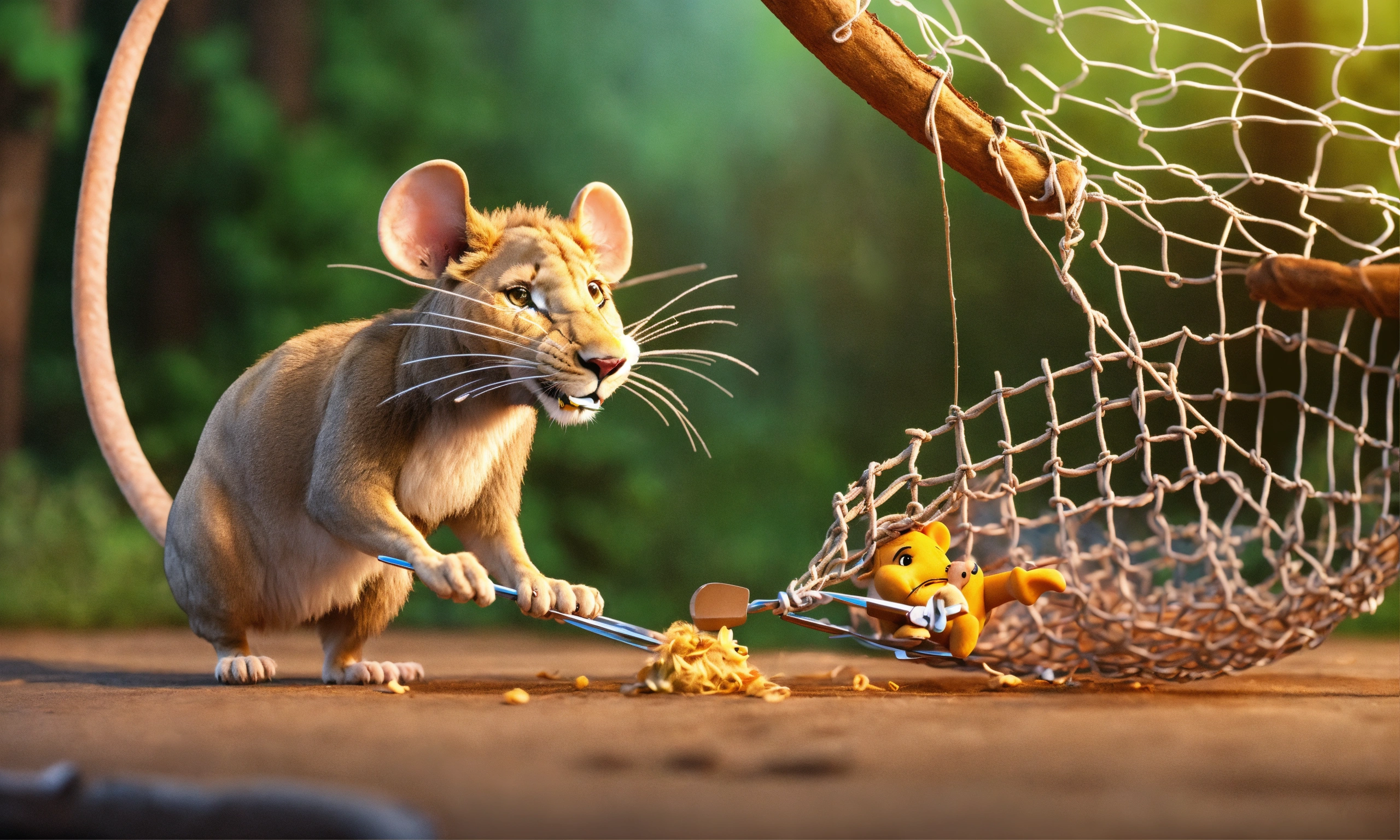 Lexica - Cartoon 3d rat cutting net of trapped lion