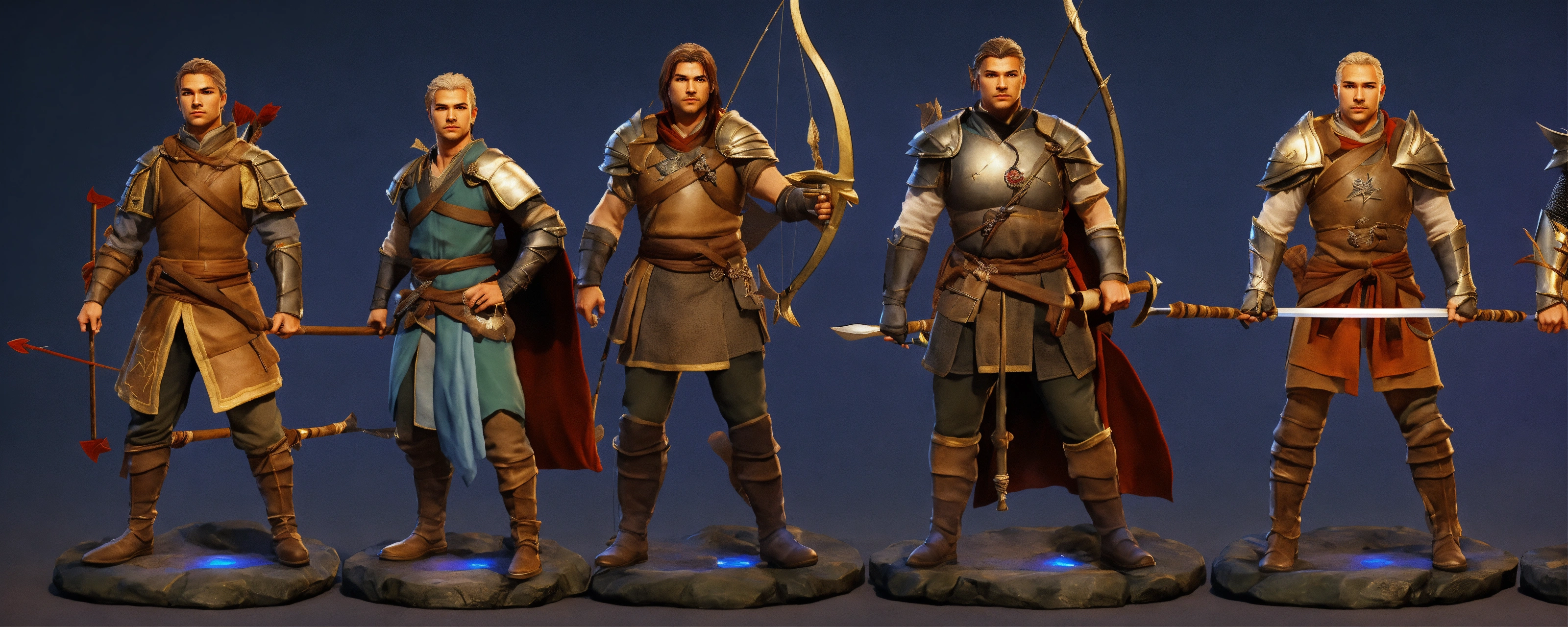Lexica - 4 realistic full body male figures (mage, knight, archer ...