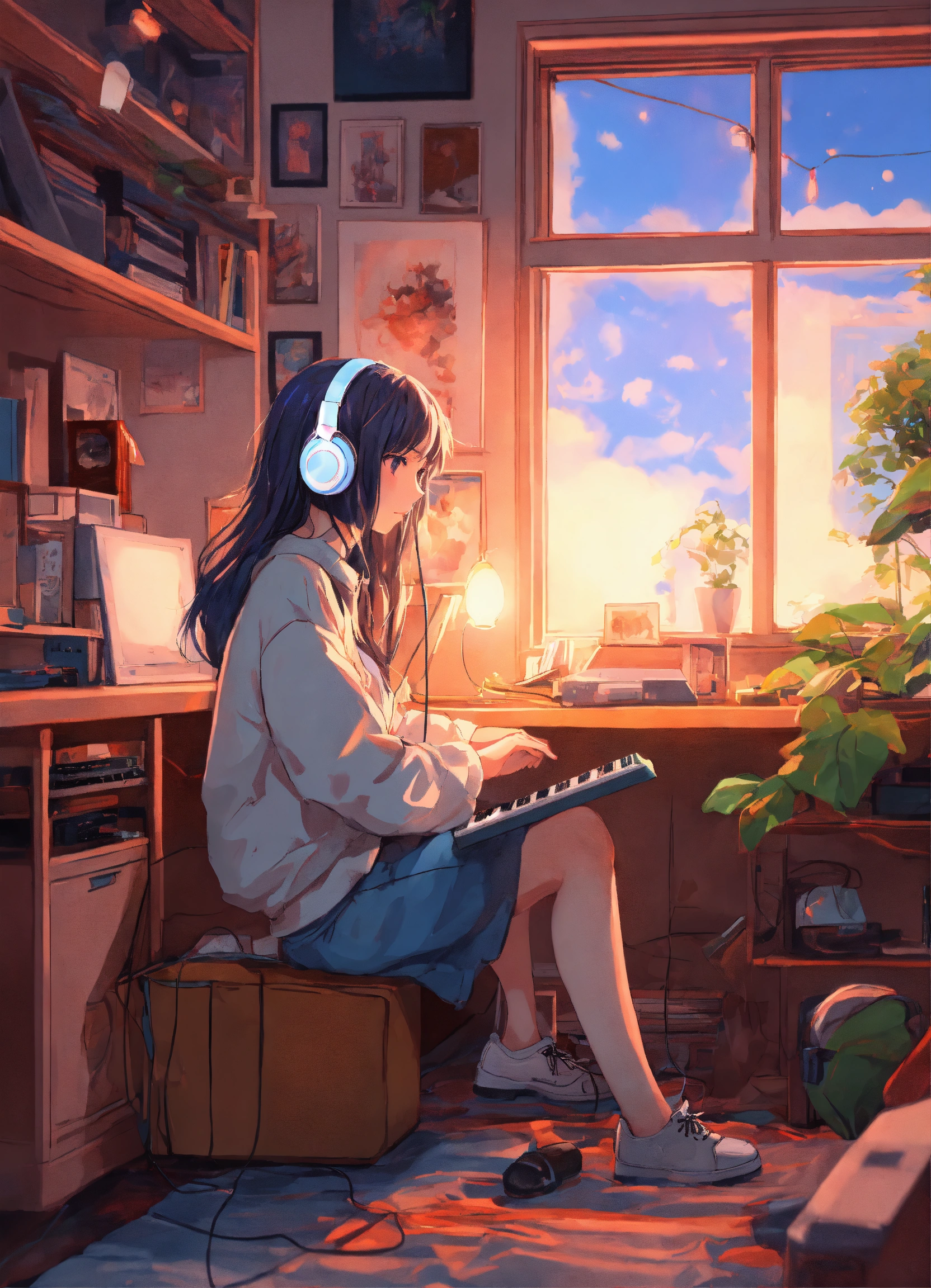 Lexica - Anime pretty girl listen music lofi in his room and learning ...