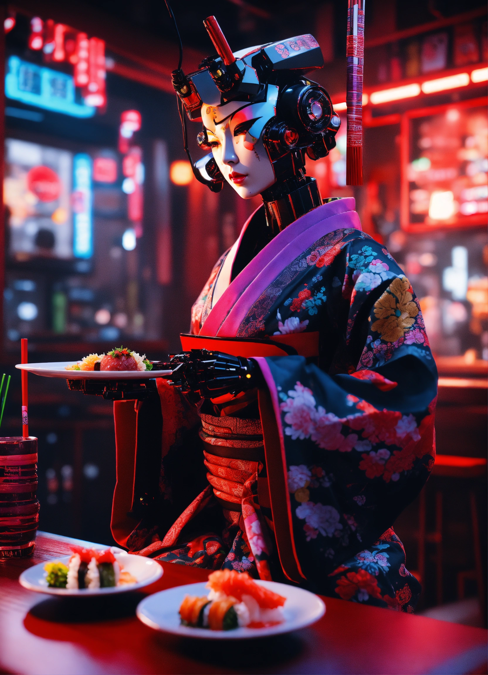 Lexica - Dark aesthetic, a realistic robot android eating sushi with ...