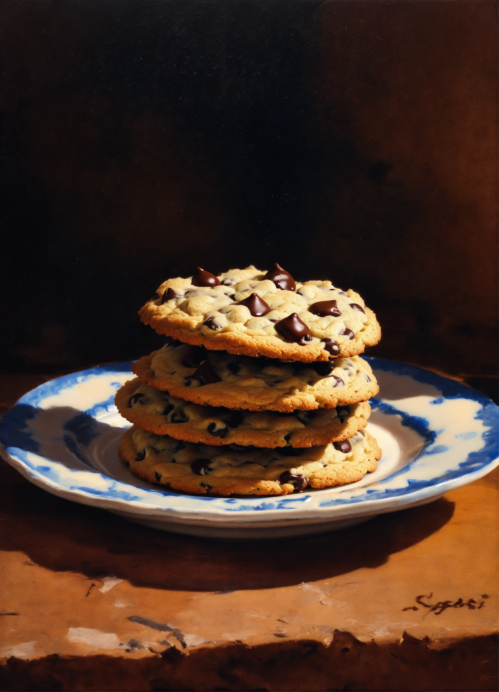 Lexica - Still life oil painting of a stack of 3 chocolate chip cookies ...