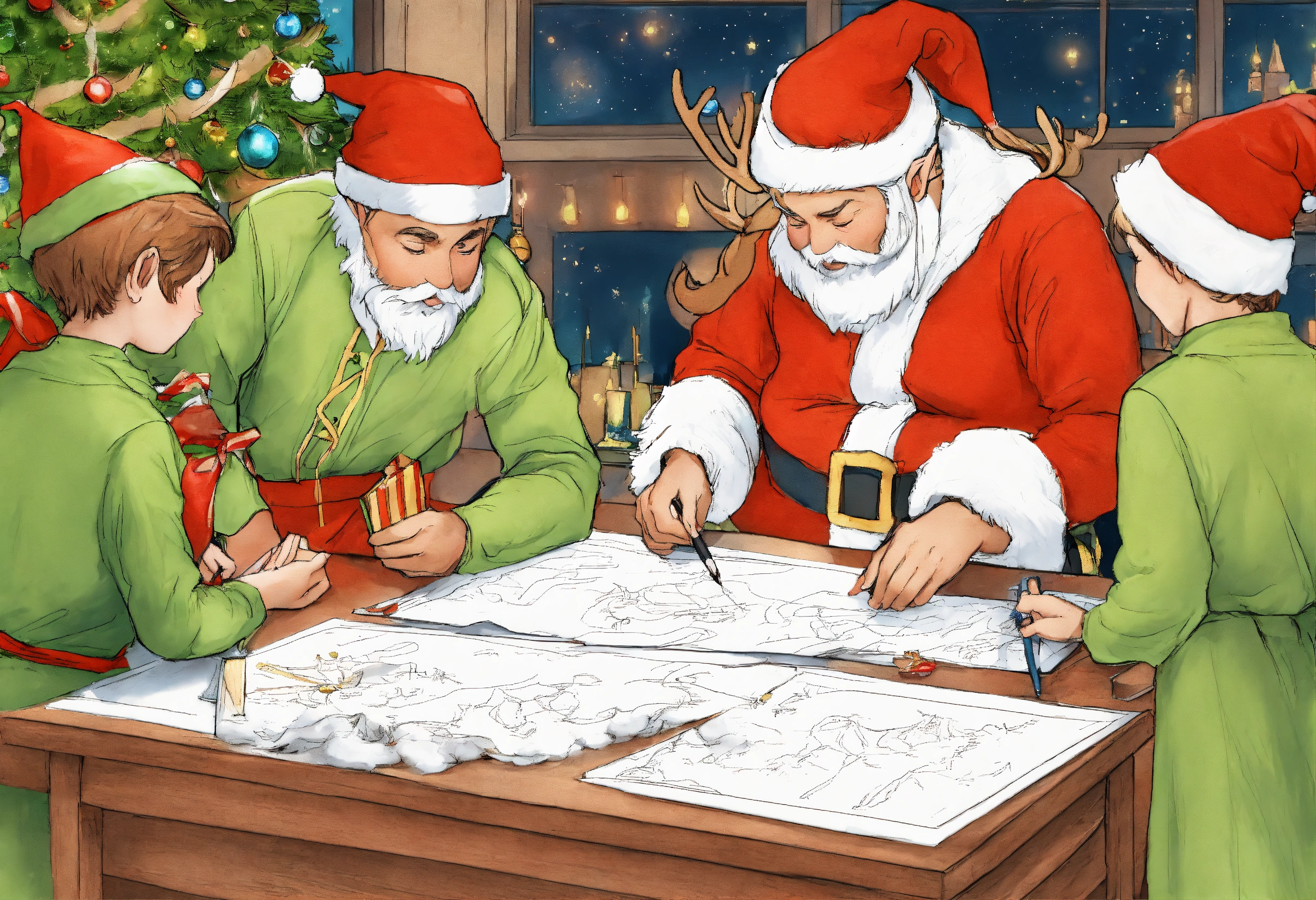 Lexica - Elves helping Santa, Organized, Teamwork, reindeer, drawing