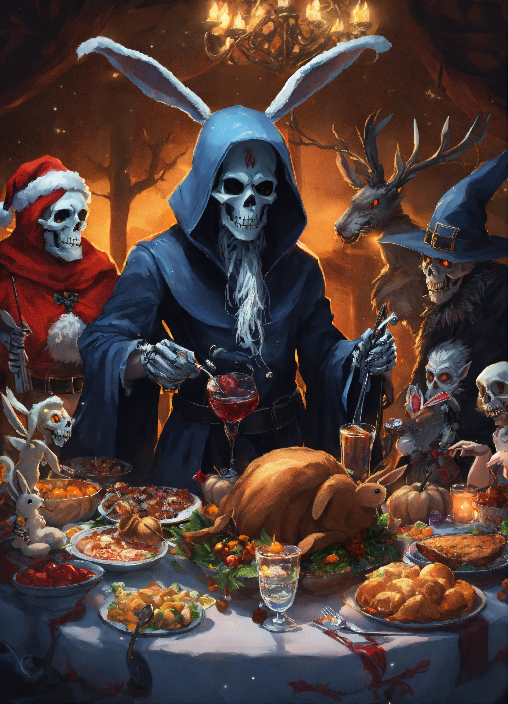 Lexica - Skeletal Grim Reaper in a dark robe, Santa Claus, Halloween ...