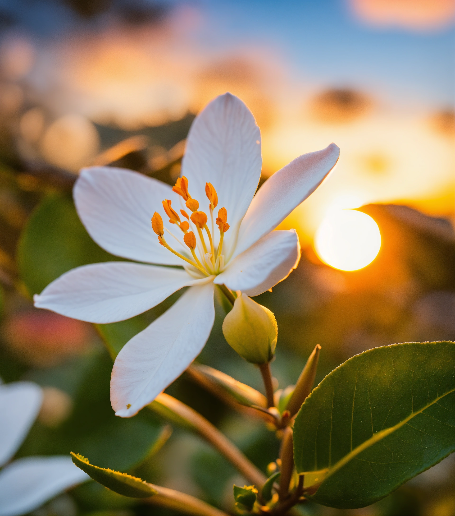 Lexica - White neroli flower detail, sunset