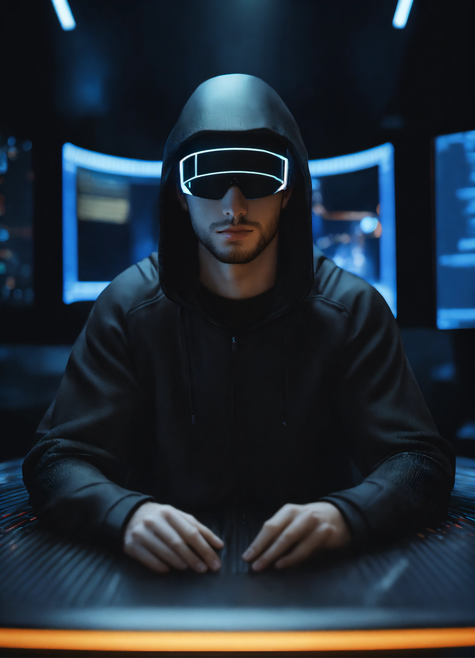 Lexica - Nerdy 25 year old male hacker wearing futuristic black ...