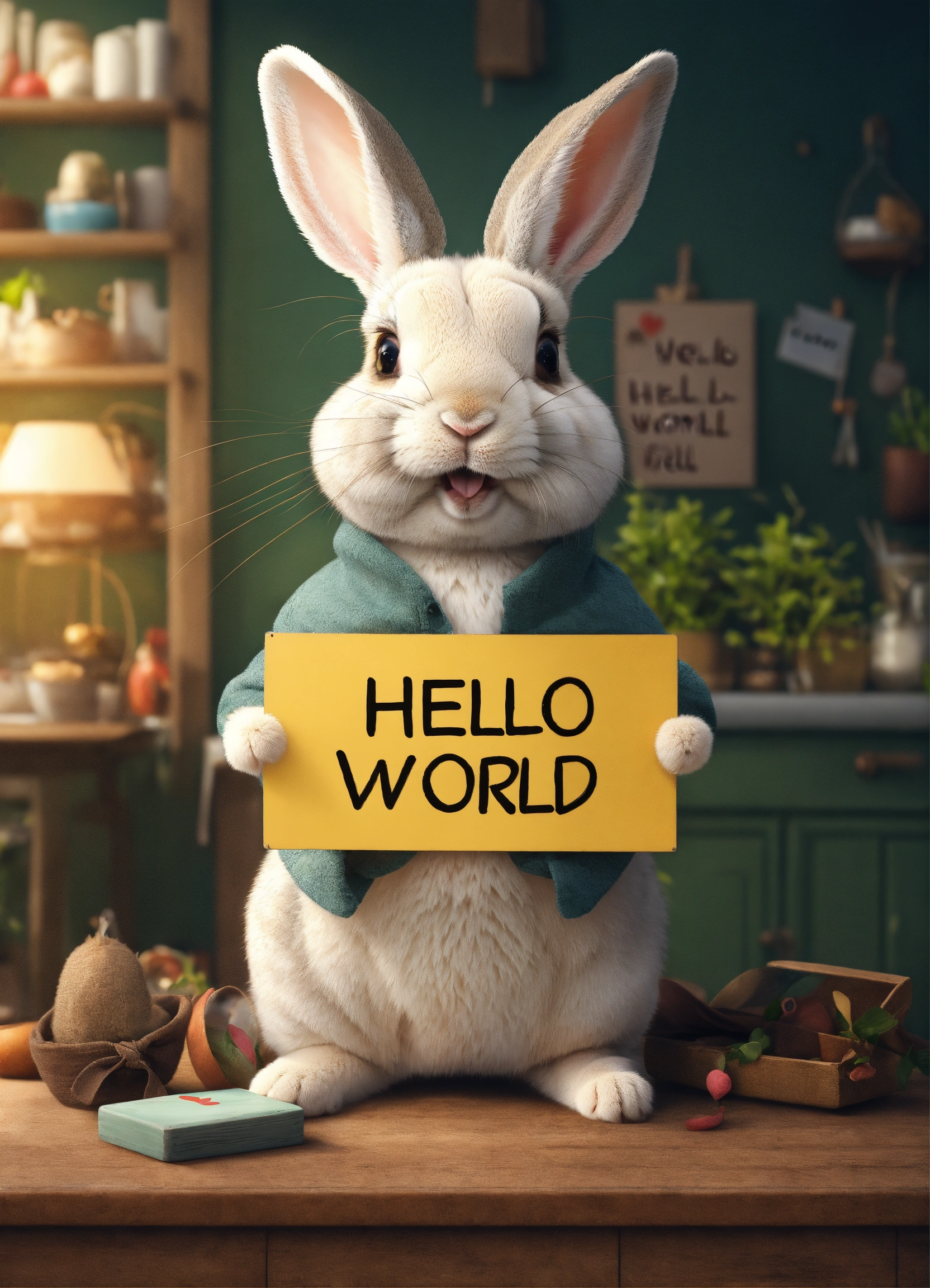 Lexica - A cute rabbit holding a sign that says "hello world ...