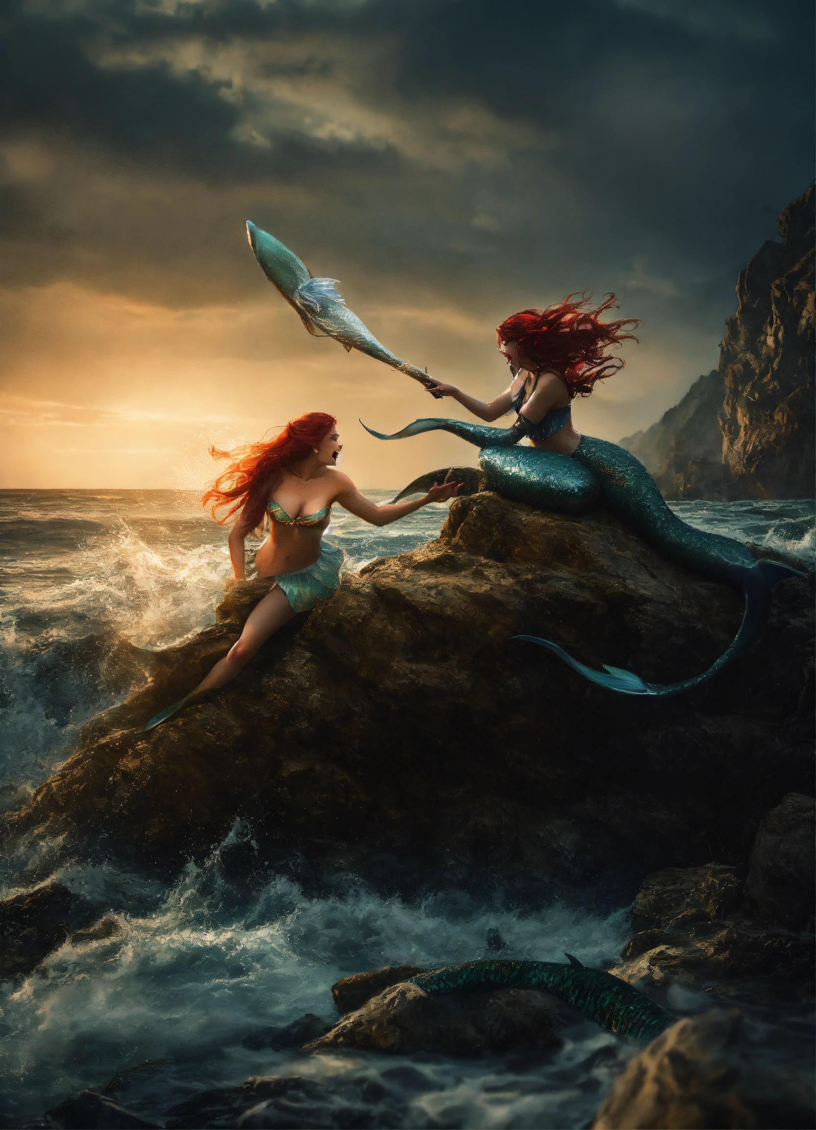 Lexica - Create a 4k detailed photo of two evil (mermaids) fighting each other. dramatic ...