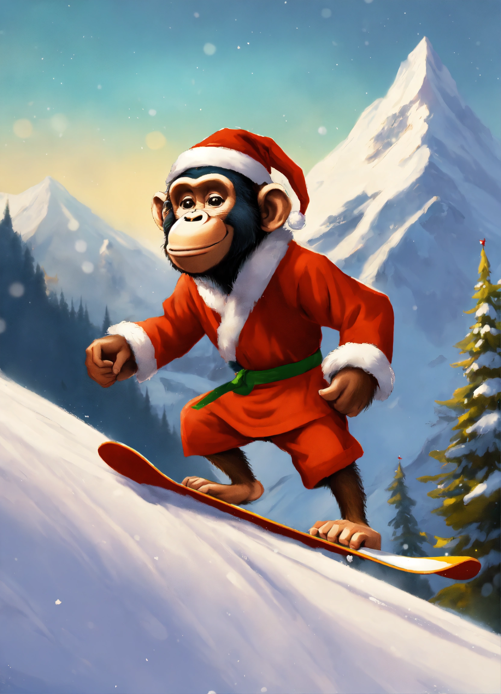 Lexica - Cartoon chimp monk wearing a Santa hat snowboarding down a ...