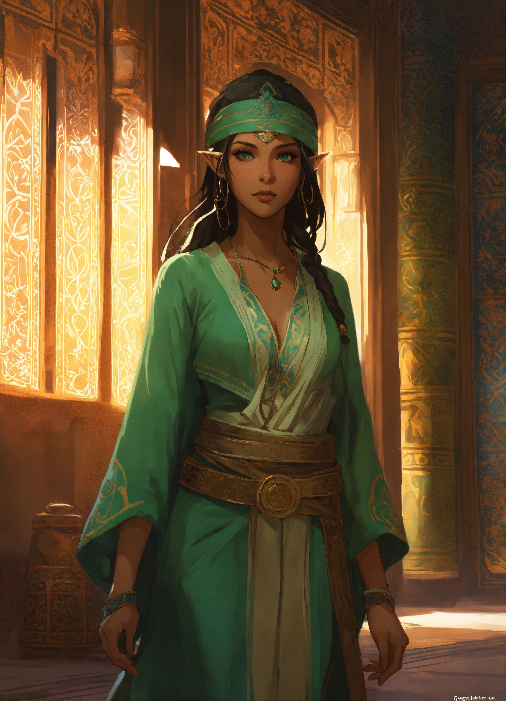Lexica - Female elf timurid sorcerer, Turkish, green eyes, tan skin ...
