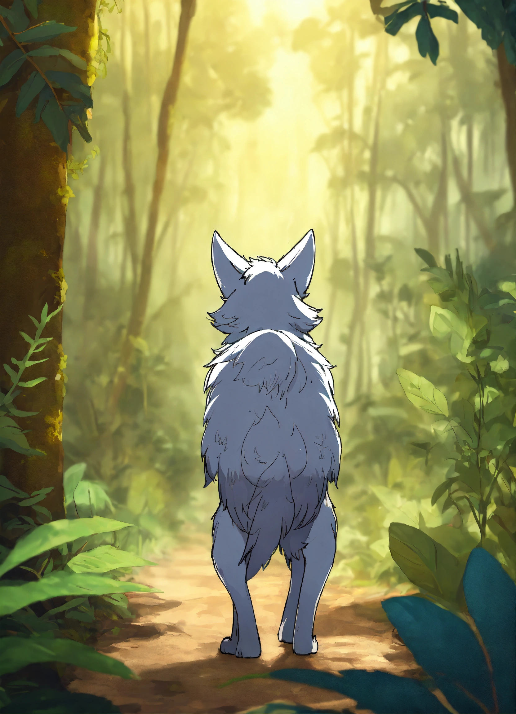Lexica - Let cartoon cute wolf stand on two legs in jungle back view