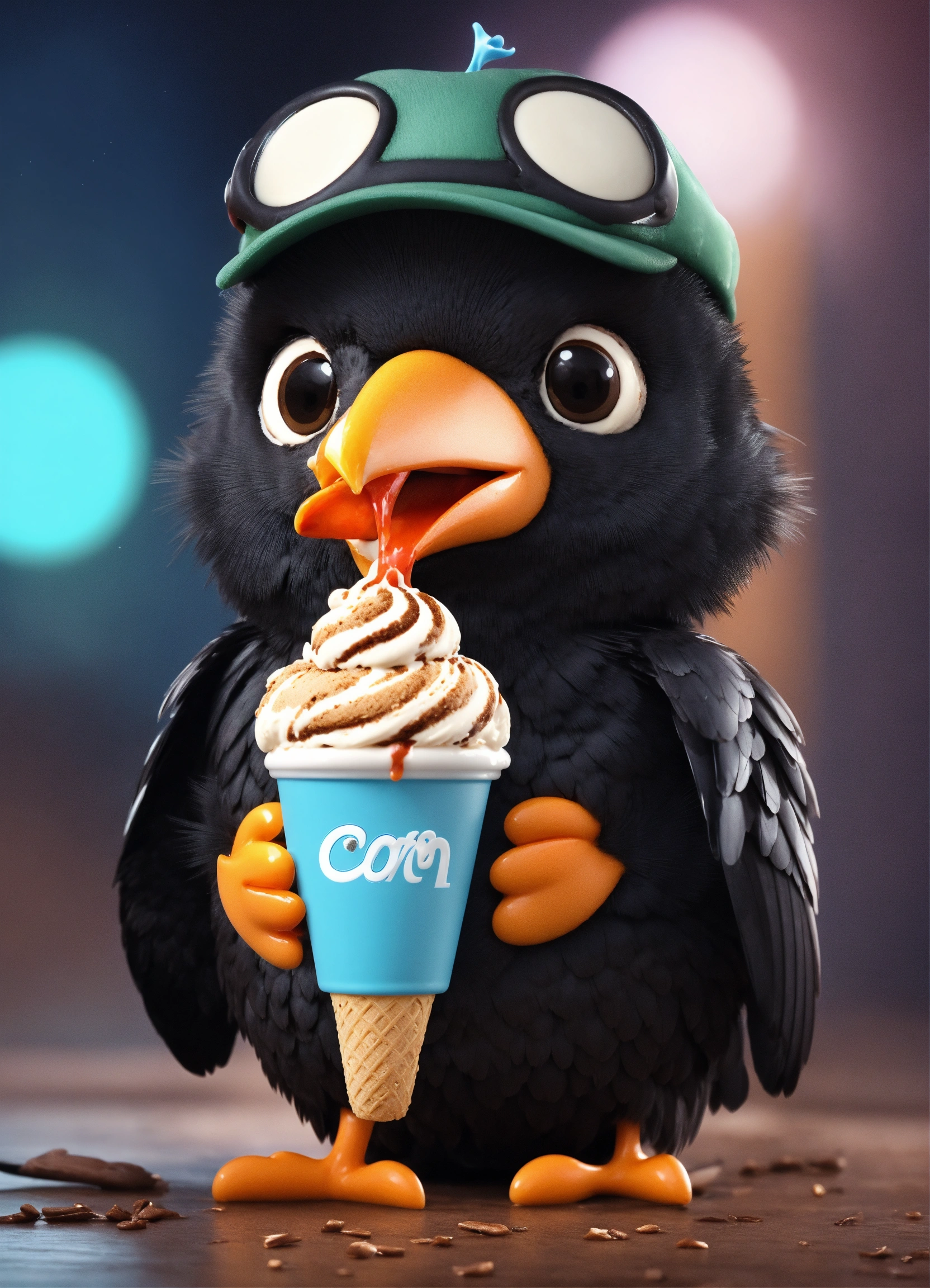 Lexica - A cute 3D crow-like character eating ice-cream, charming ...