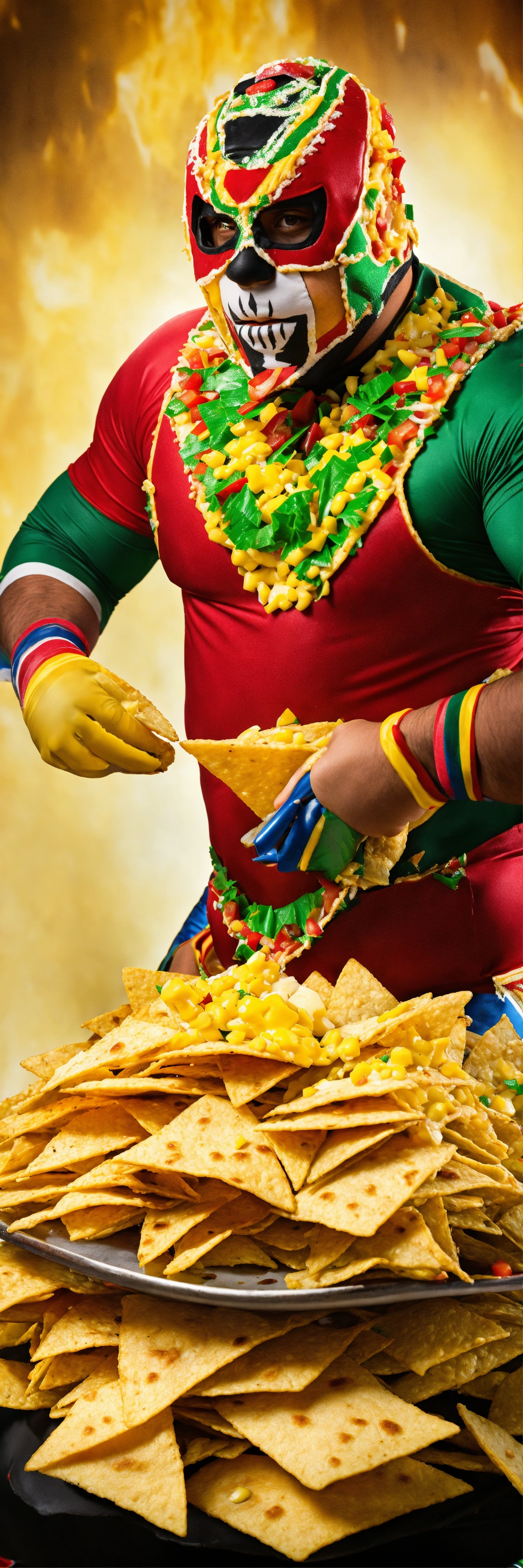 Lexica - Mexican wrestler dressed eating a mountain of nachos