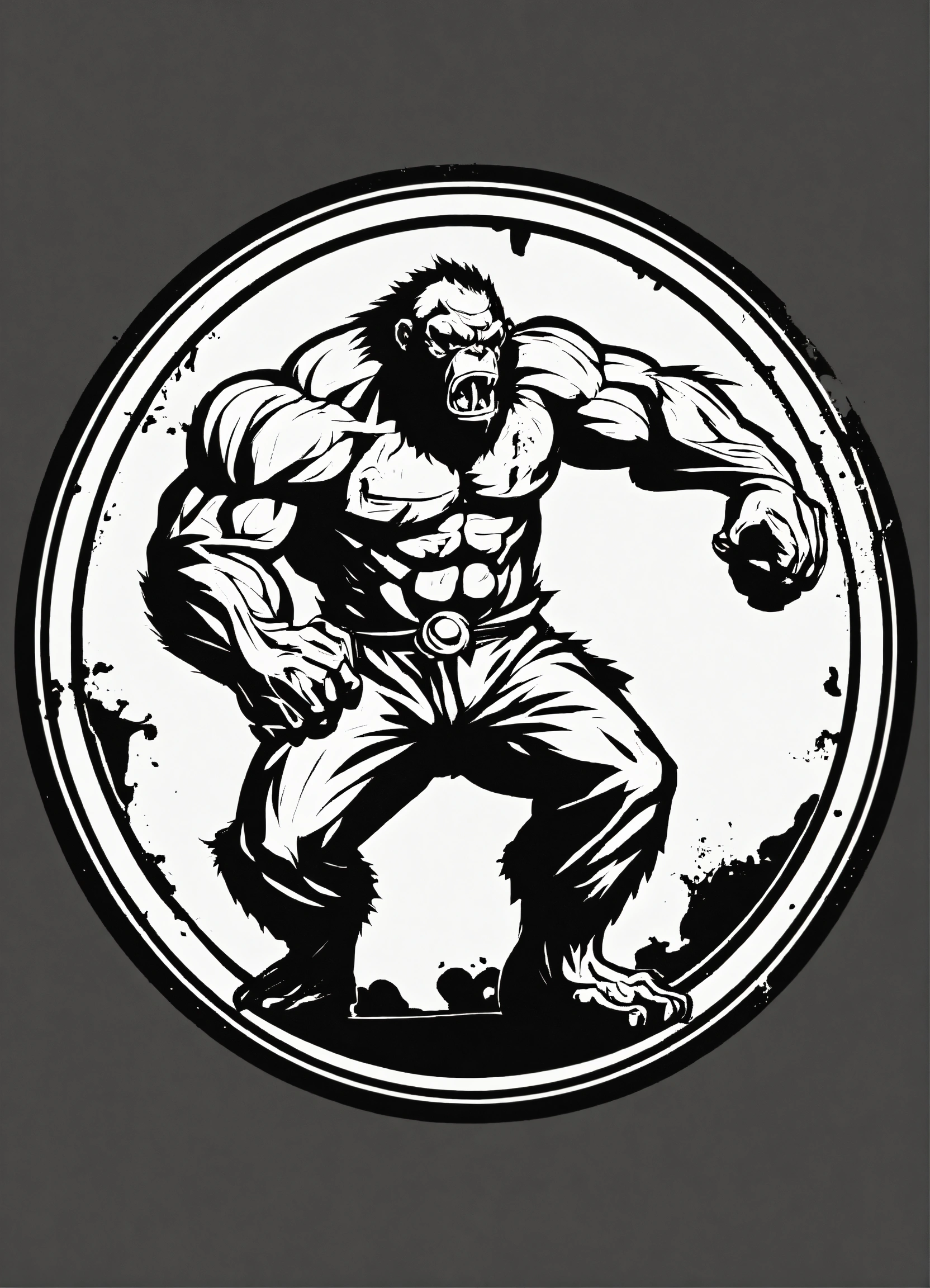 Lexica - Zombie killer ape street fighter black and white circle logo full body fighting stance ...