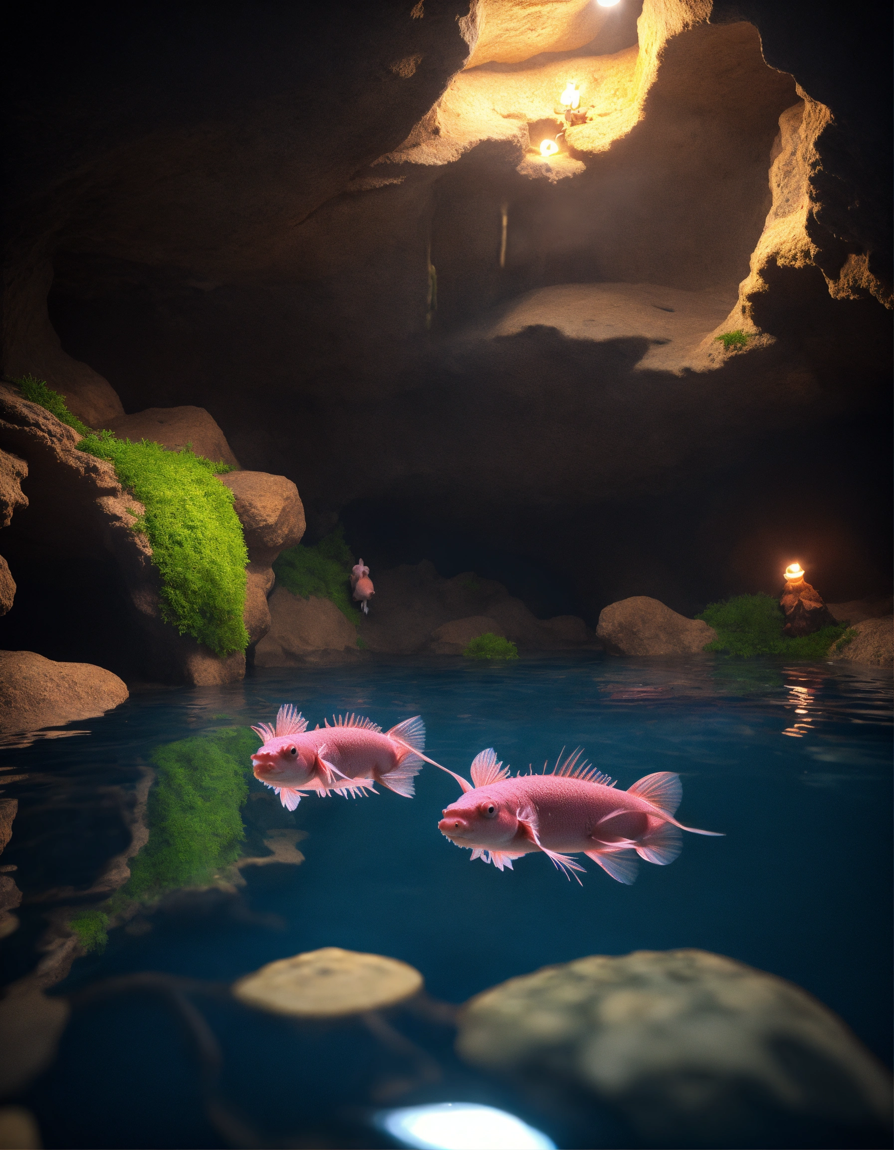 Lexica - Axolotls in a pool of water in a cave illuminated by a flash ...