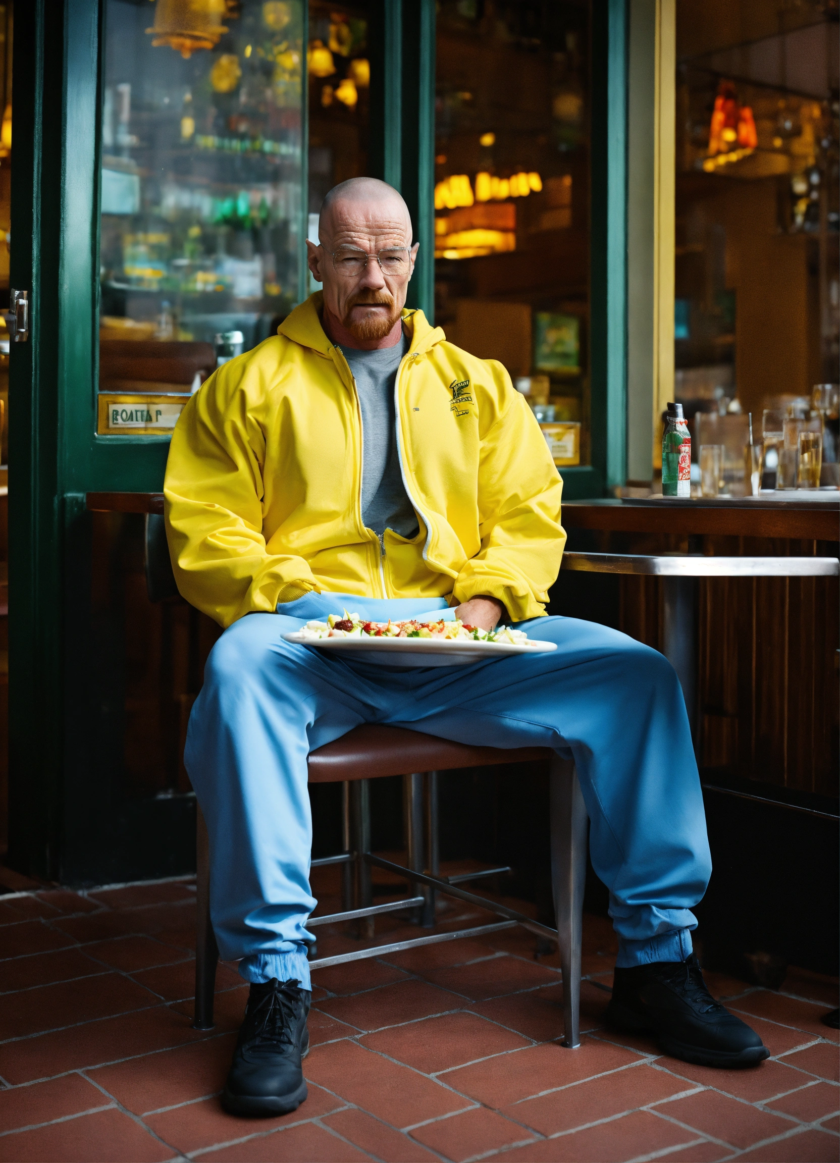 Lexica - Bodybuilder Walter White in combination sat in a restaurant